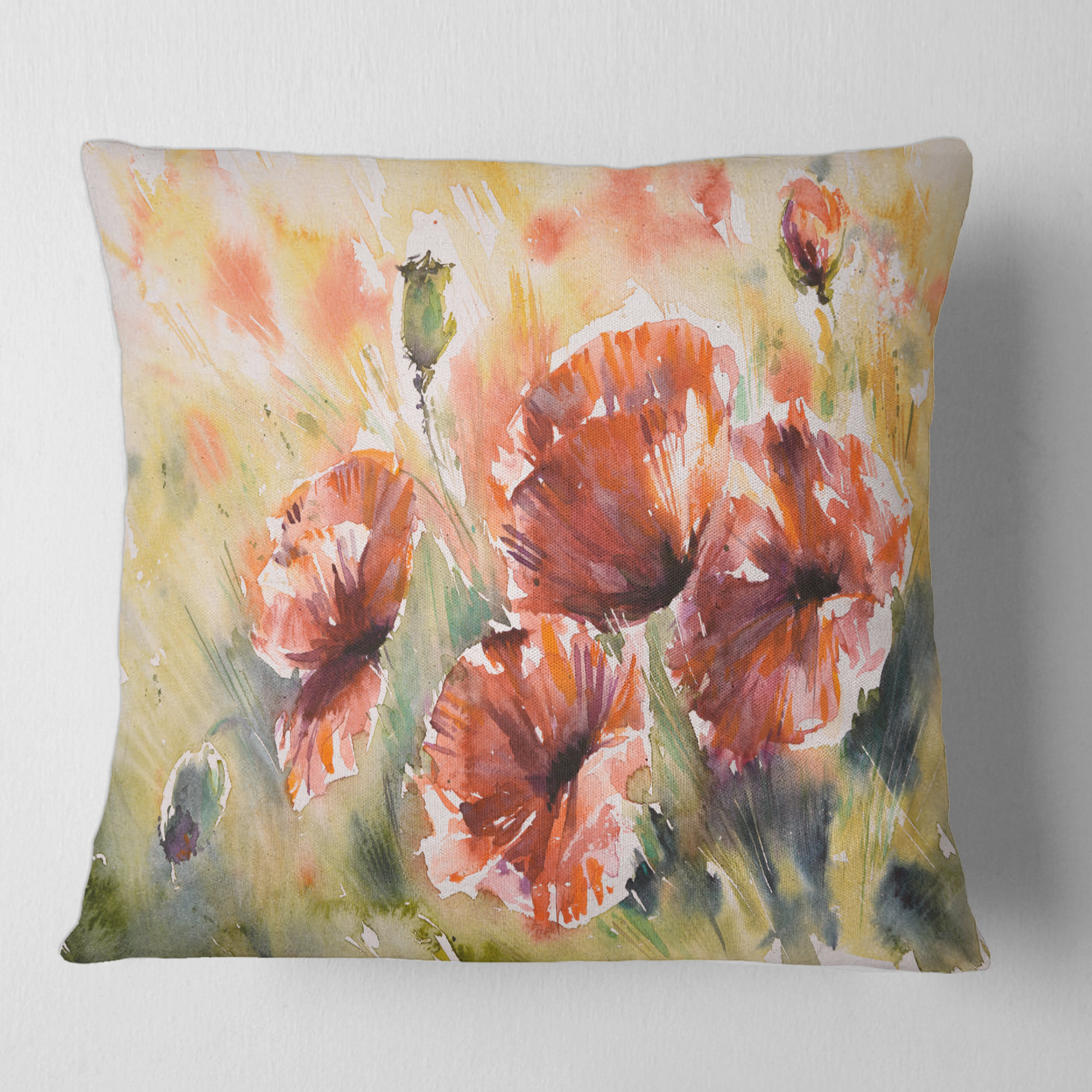 Design Art Red Poppy On A Field - Traditional Printed Pillow | Wayfair