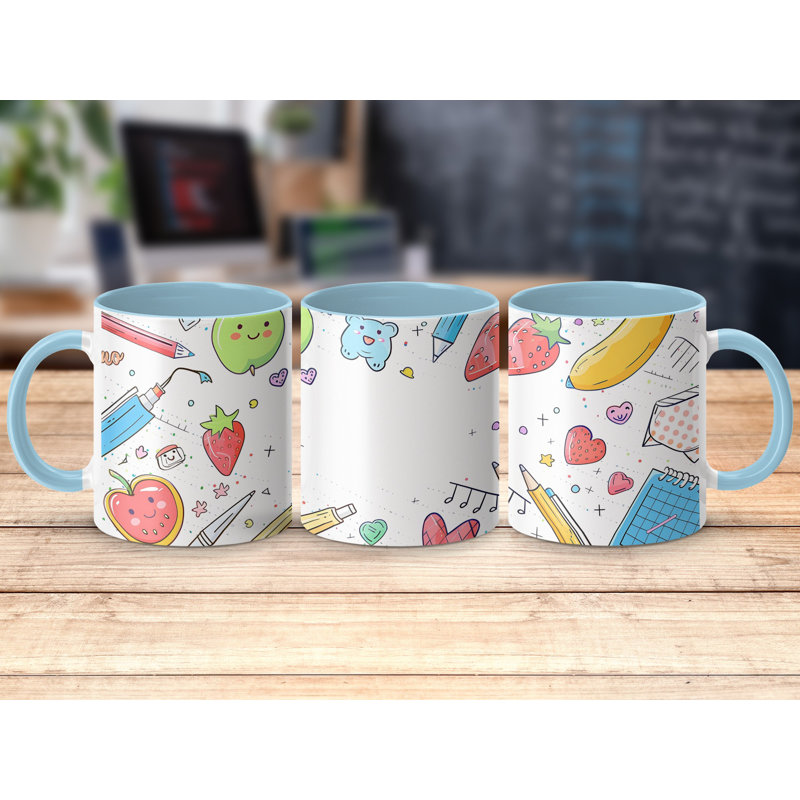 East Urban Home Kids Drawing Style 11oz Accent Mugs – White Ceramic ...