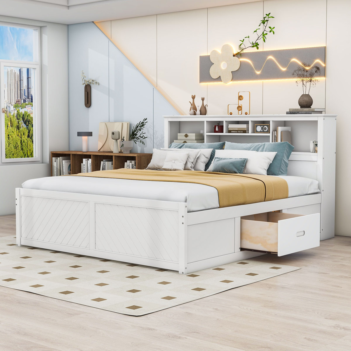 Lark Manor™ King Wooden Platform Bed with 2 Drawers and USB and Shelves ...