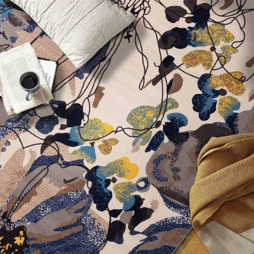 Ebern Designs Dichiera Floral Brown/Navy/Cream Non-Slip Rubberback Area ...