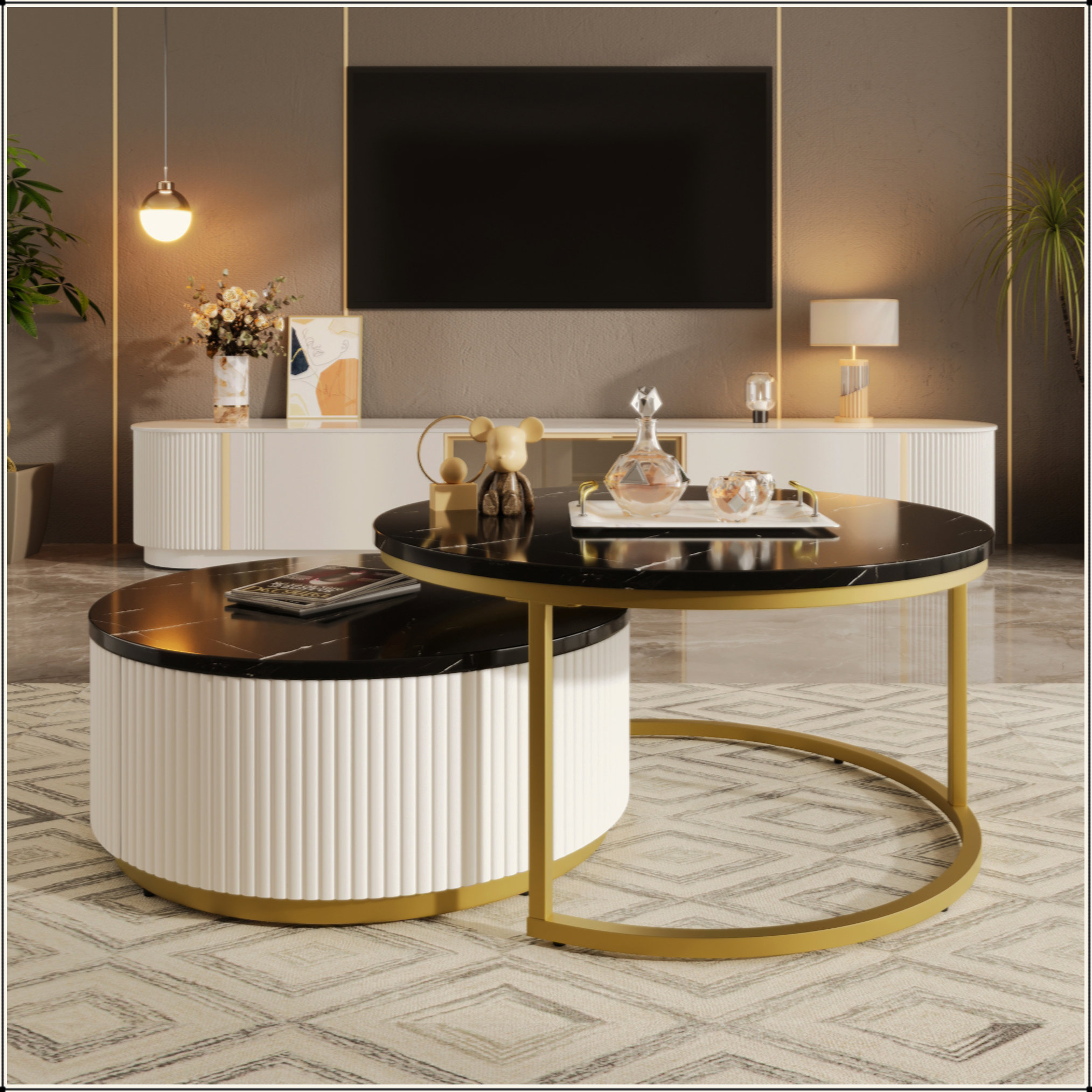 Ivy Bronx Modern Round Nesting Coffee Table Fluted With Drawer | Wayfair