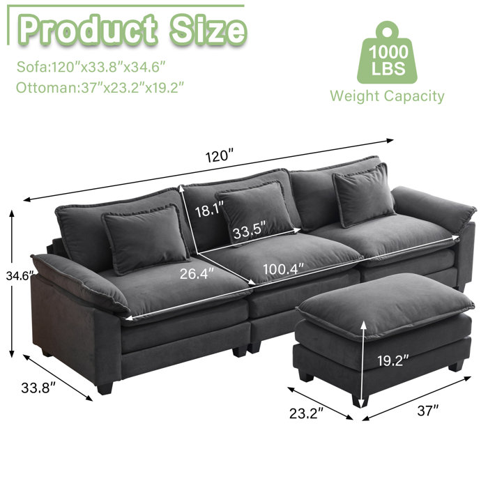 Latitude Run® 120" Sectional Sofa Comfy Cloud Couch for Living Room ...