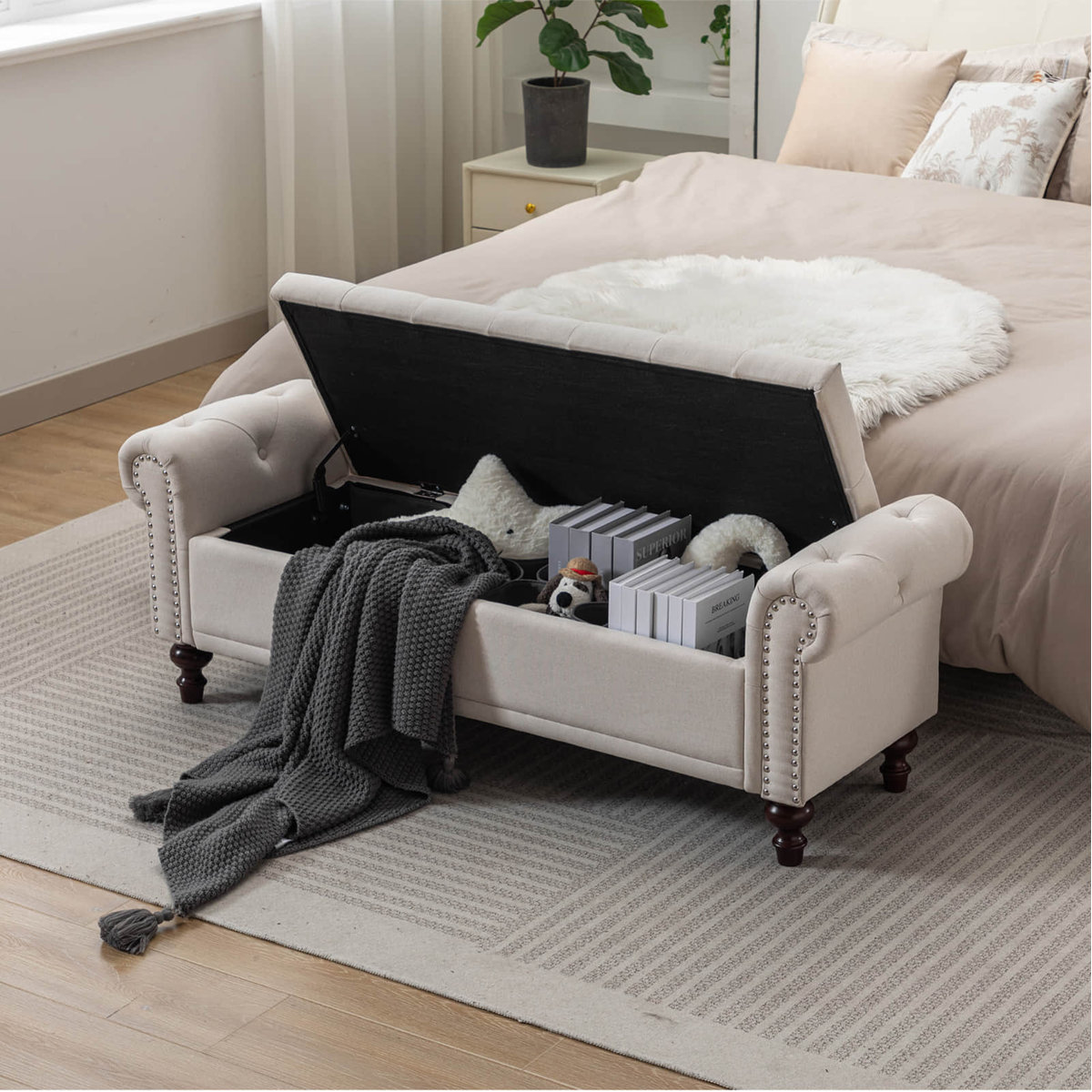 Charlton Home® Velvet/Linen Upholstered Storage Bench With Segmented ...