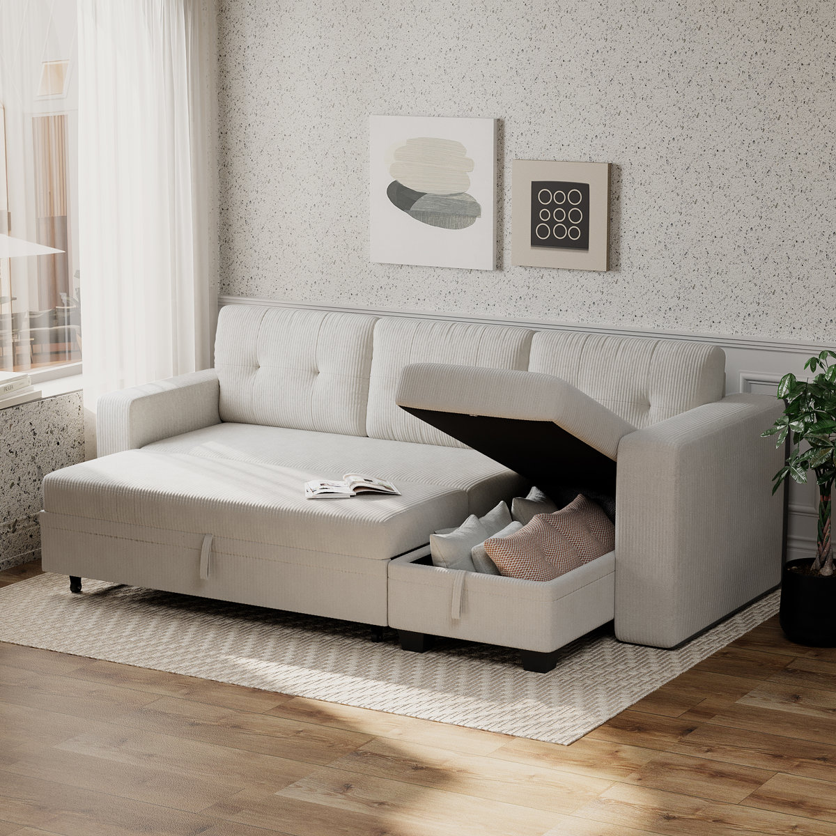 Ebern Designs Jalencia L-Shaped Corduroy Upholstered Sleeper Sectional ...