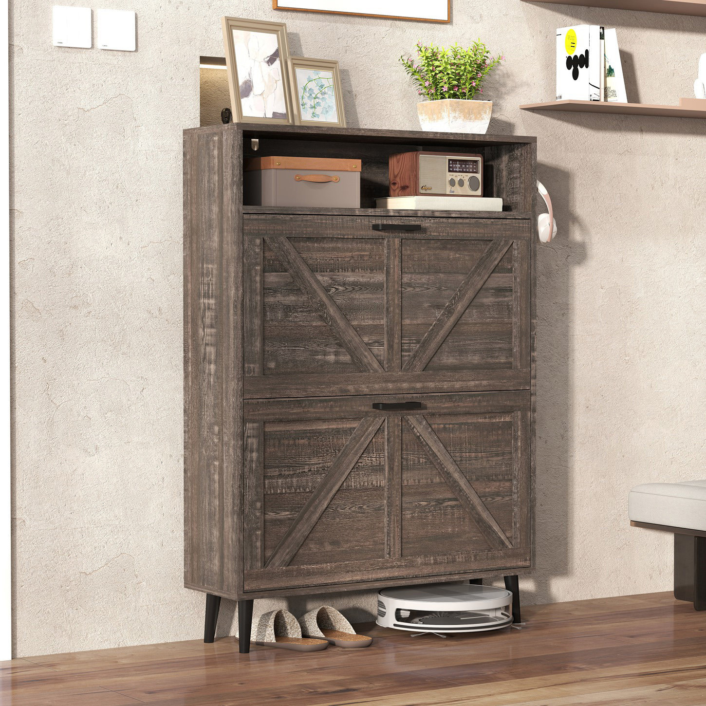 Ophelia & Co. Farmhouse Shoe Storage Cabinet With Barn Door Design ...