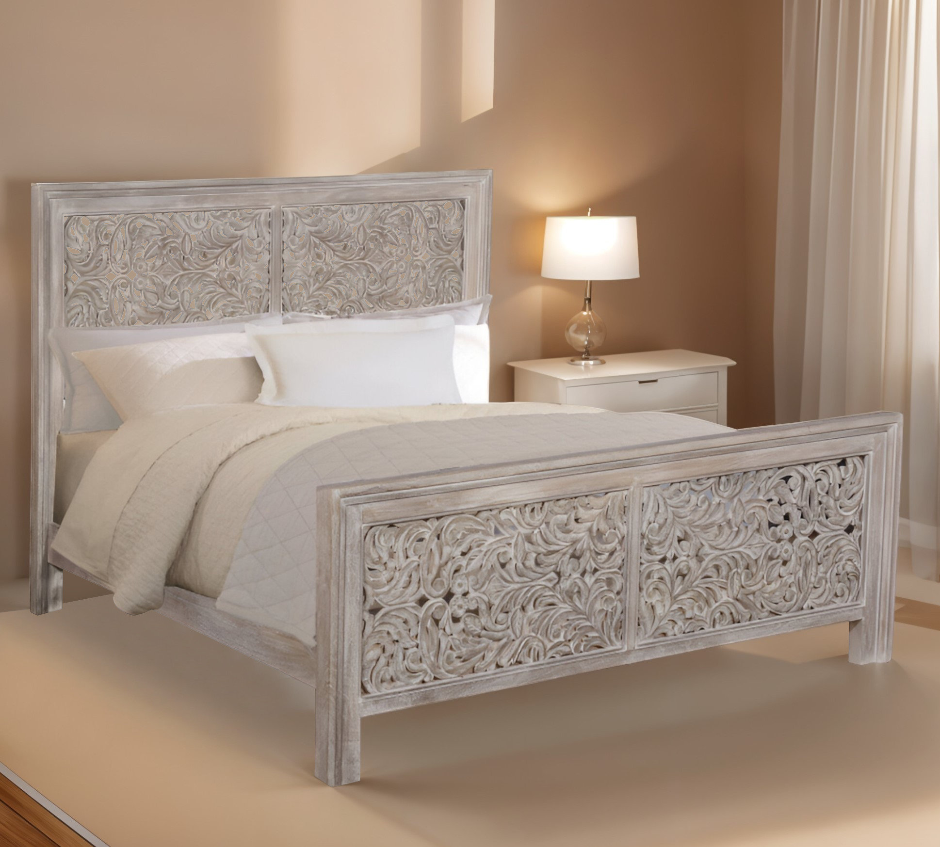 HomeRoots Gray Carved Scrollwork Distressed Solid Wood King Bed Frame ...