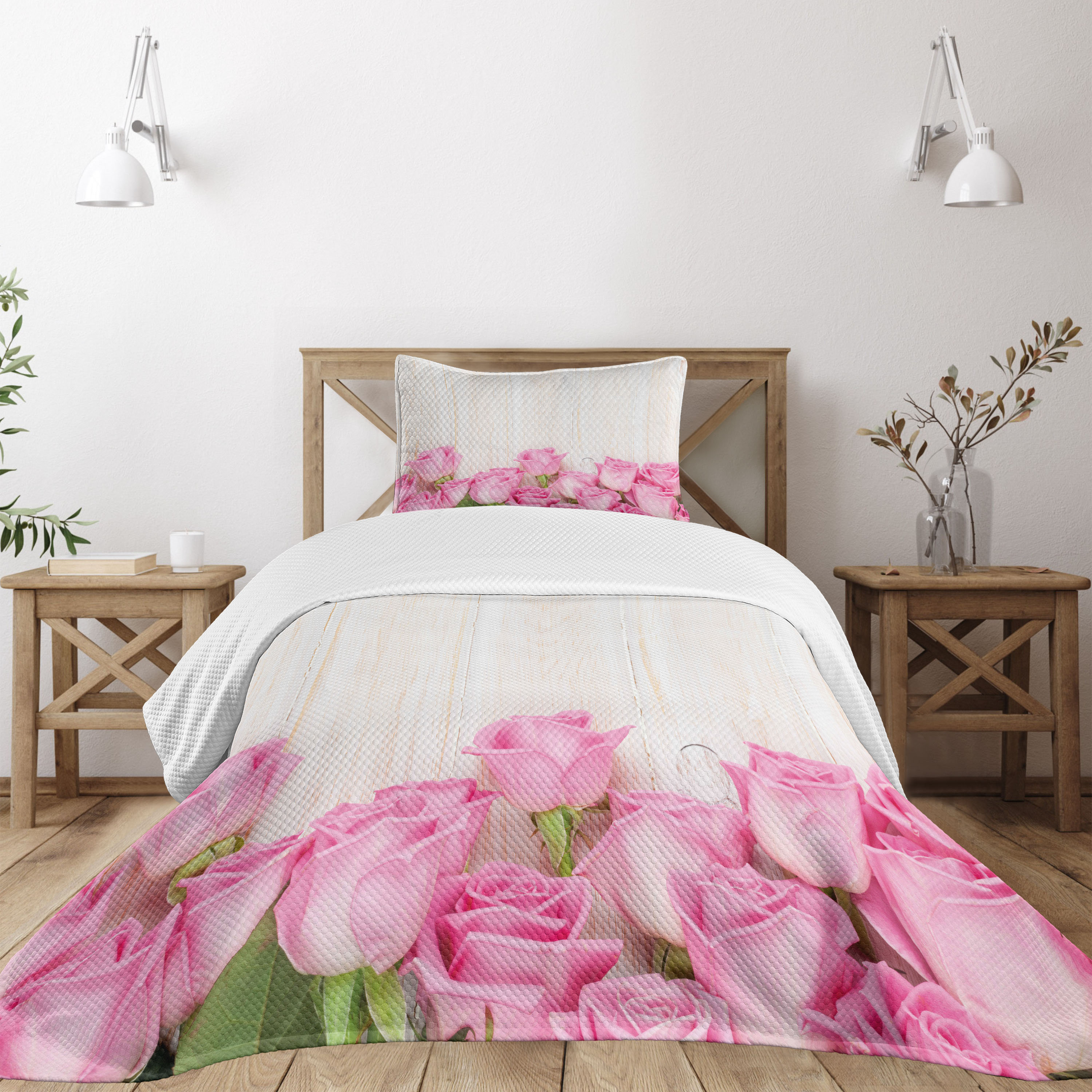 Ambesonne Rose Bedspread Flowers on Wood Planks Pink Green Cream | Wayfair