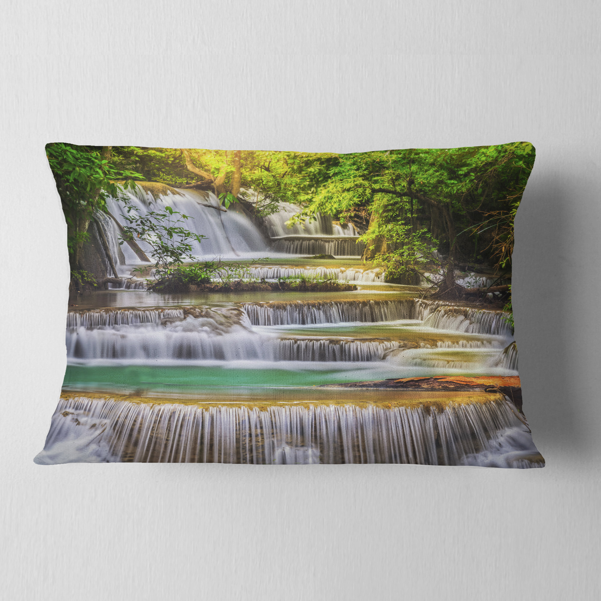 Design Art Tranquil Erawan Waterfall - Landscape Printed Throw Pillow ...