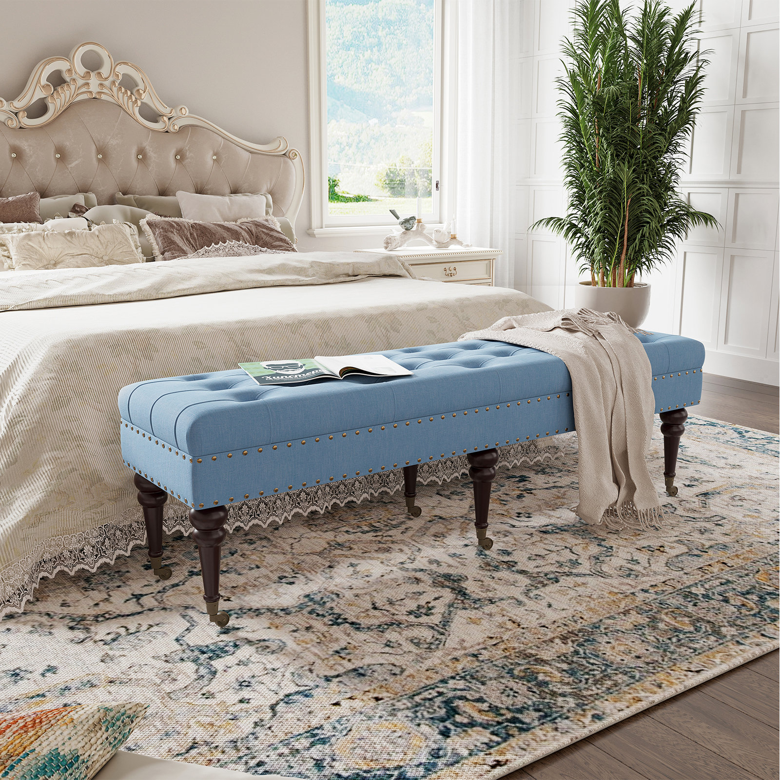 Lark Manor Araeya Backless Upholstered Tufted Bench with Nailhead Trim ...