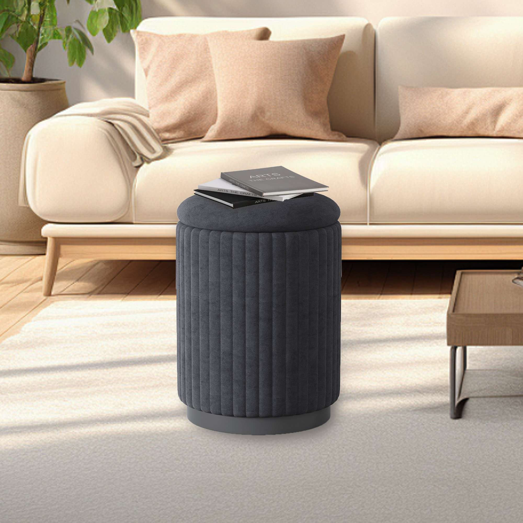 Mercer41 Wide Velvet Round Upholstered Pouf Storage Vanity Stool ...