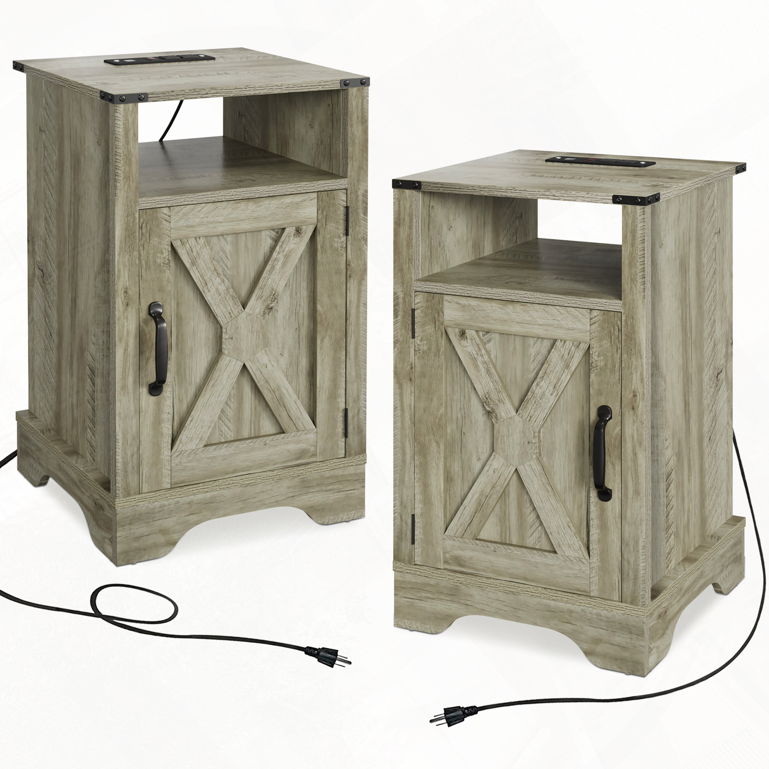 August Grove® Farmhouse Wooden Bedside Table with Electrical Outlets ...