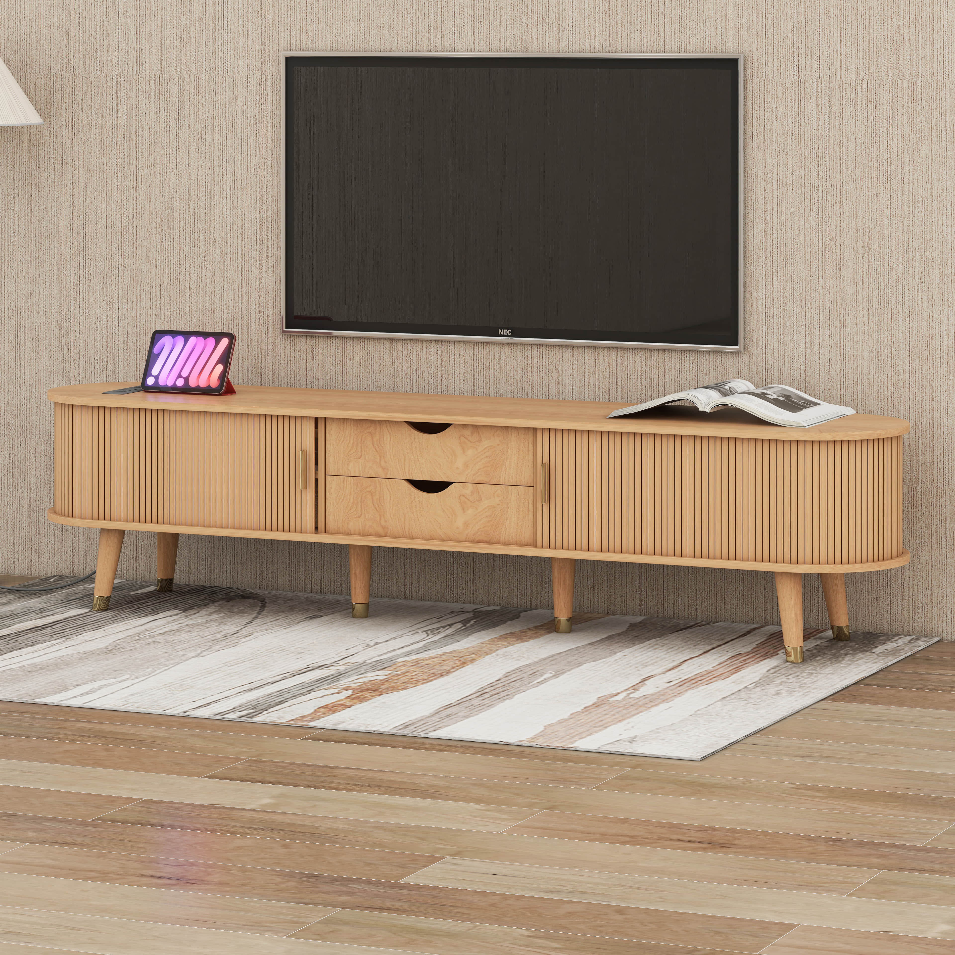 Cosmic Oval Fluted TV Stand With Charging Station, Mid-Century Media ...