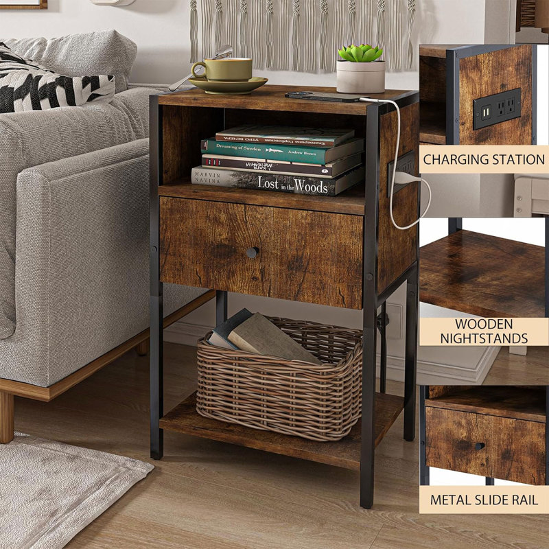 17 Stories Wood End Table One Drawer With Power Strip | Wayfair