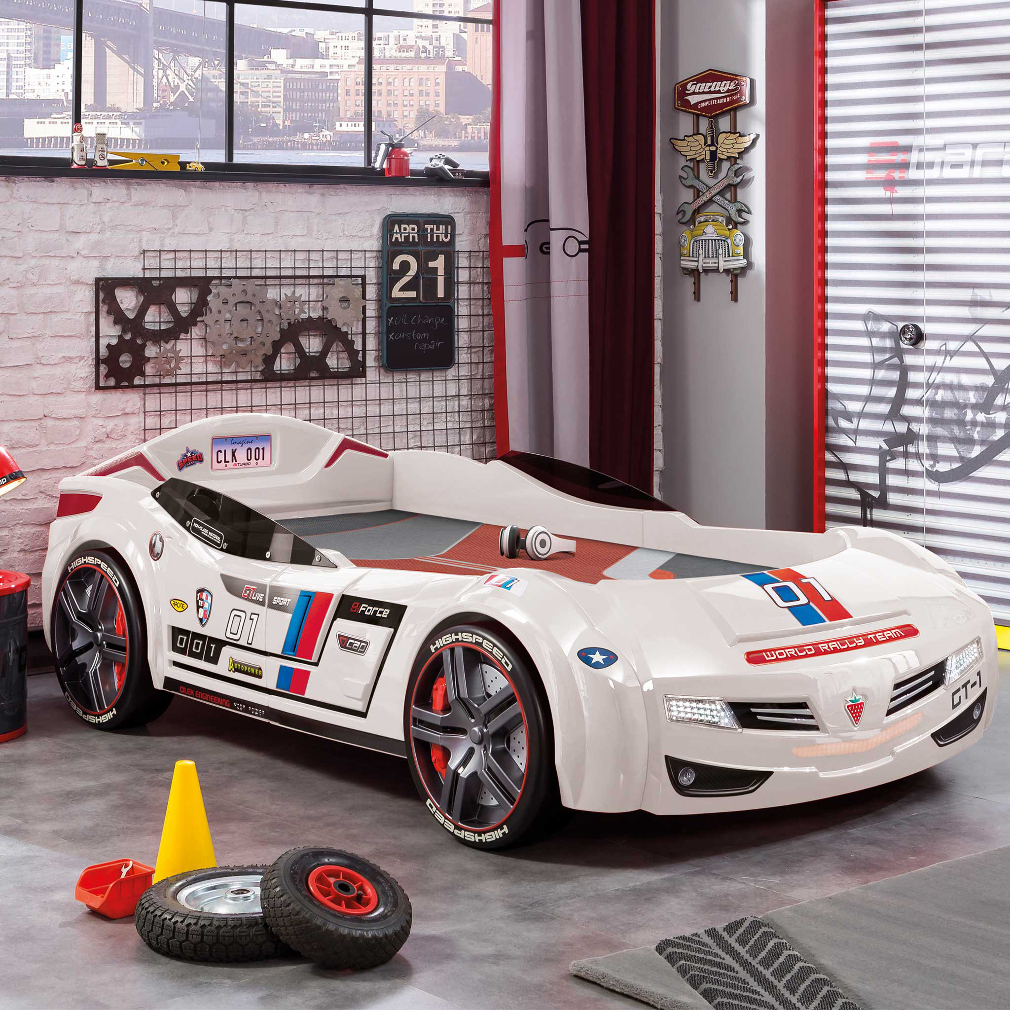 Zoomie Kids Kumra Twin-Size Race Car Bed, Remote Control, LED Lights ...