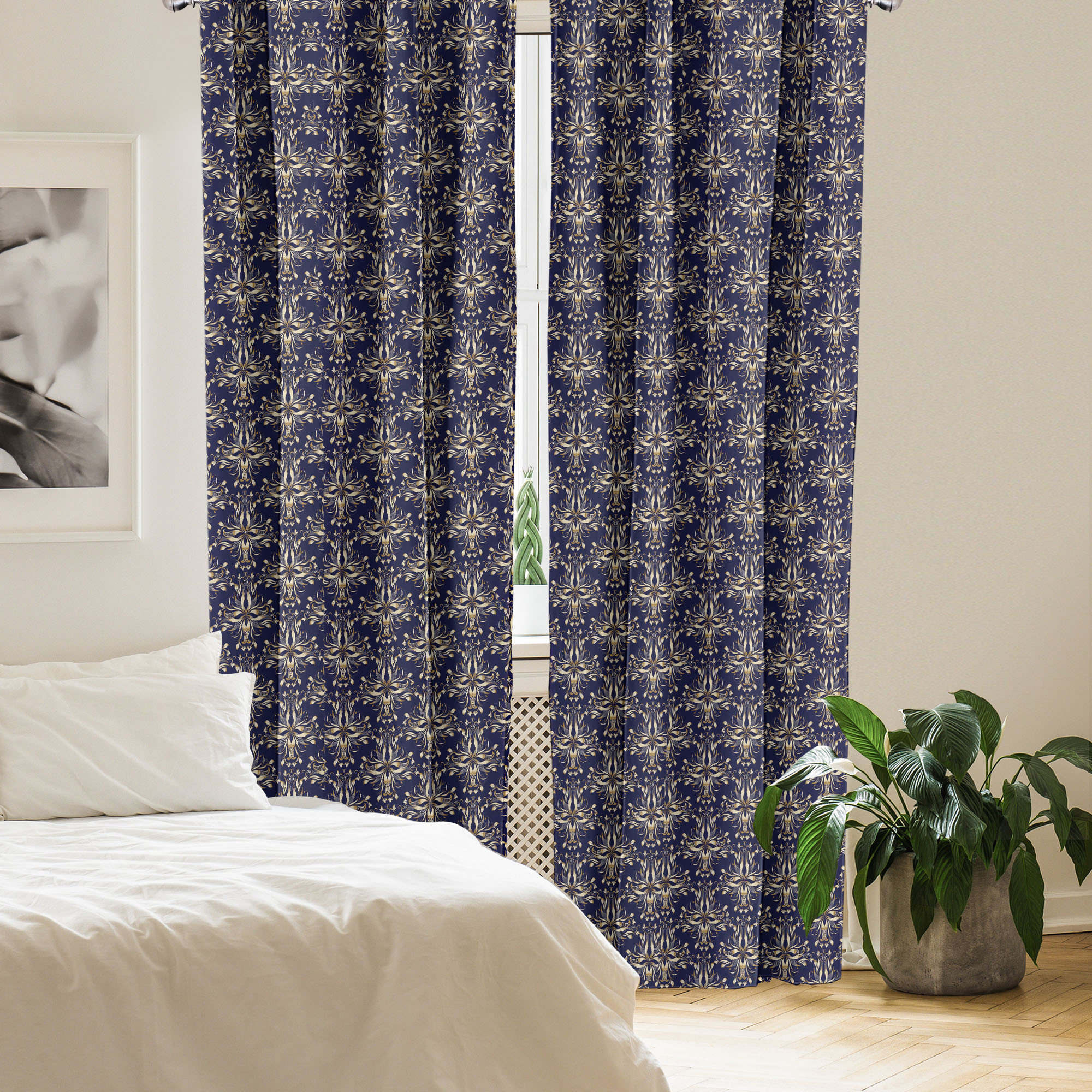 East Urban Home Damask 4-Panel Curtains, Golden Floral Pattern Art Navy Blue Dark Khaki | Wayfair