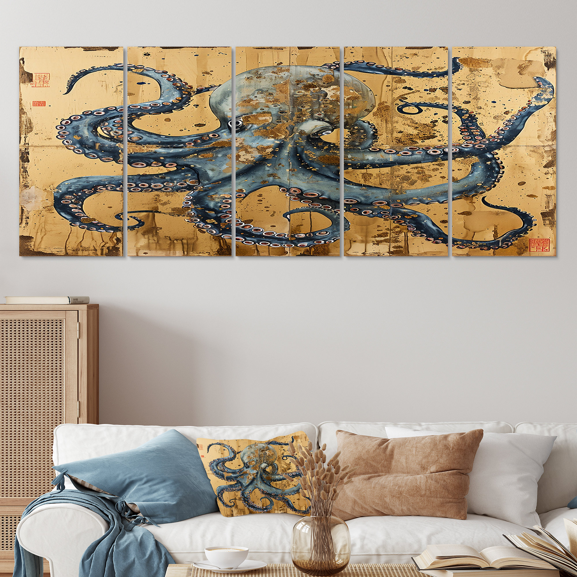 Beachcrest Home Blue Octopus Asian Vintage Gold - Octopus Animal Wall ...