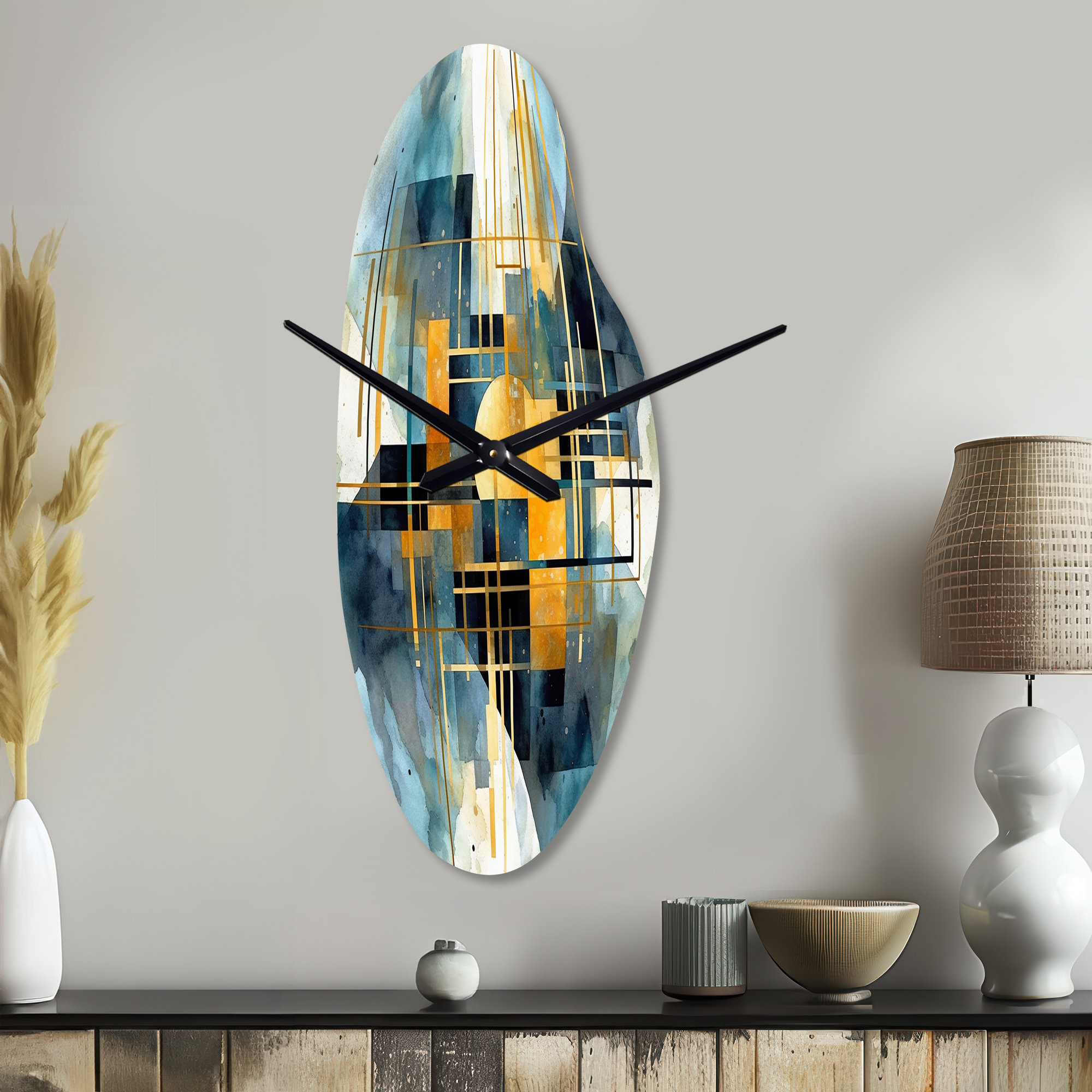 Design Art Gold Blue Abstracted Realities - Curved Shape Gold Wall ...