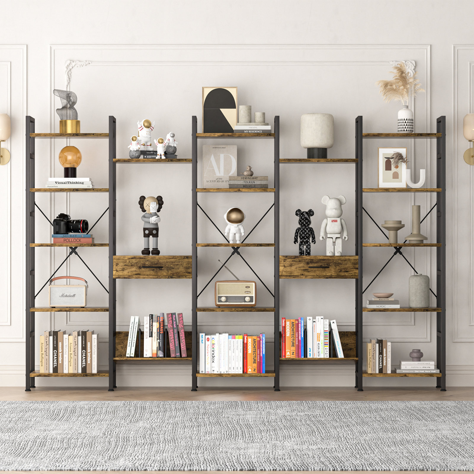 17 Stories Teliea 98"W×10.6"D Bookcase with Wooden Drawers | Wayfair
