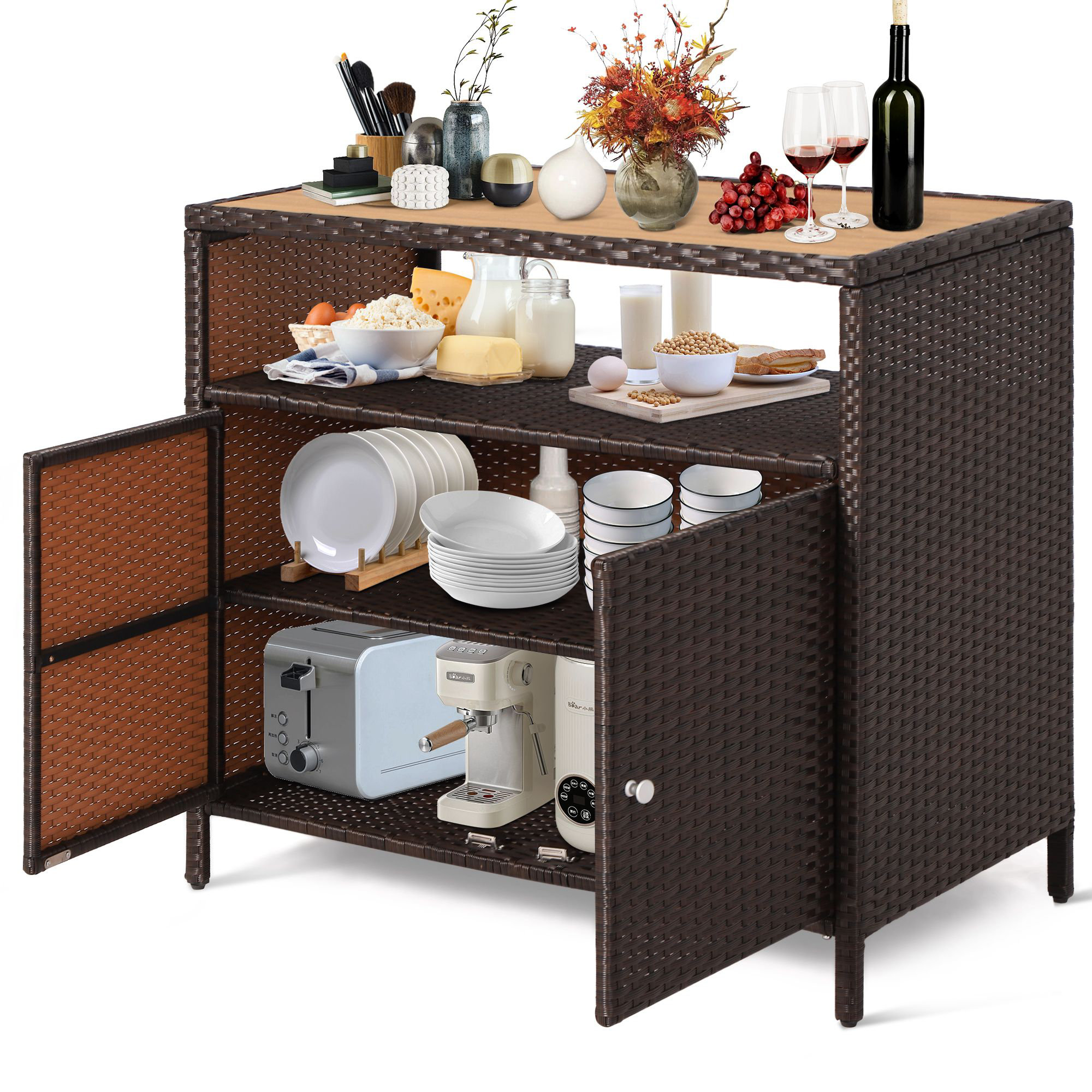 Latitude Run® Armoire de rangement d'extérieur en rotin, table de patio ...