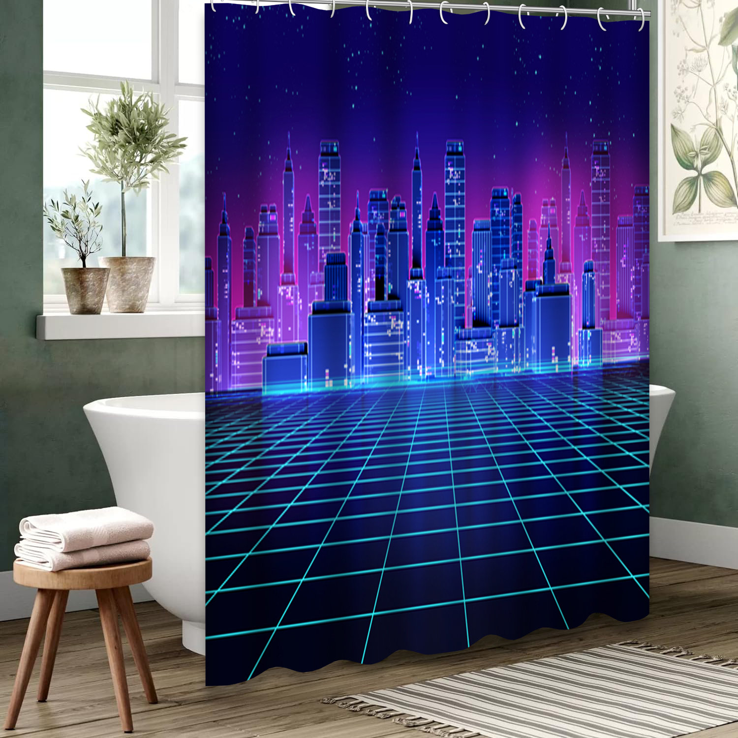 East Urban Home Light Waterproof Shower Curtain,Retro Futuristic Skyscraper City Style Digital ...