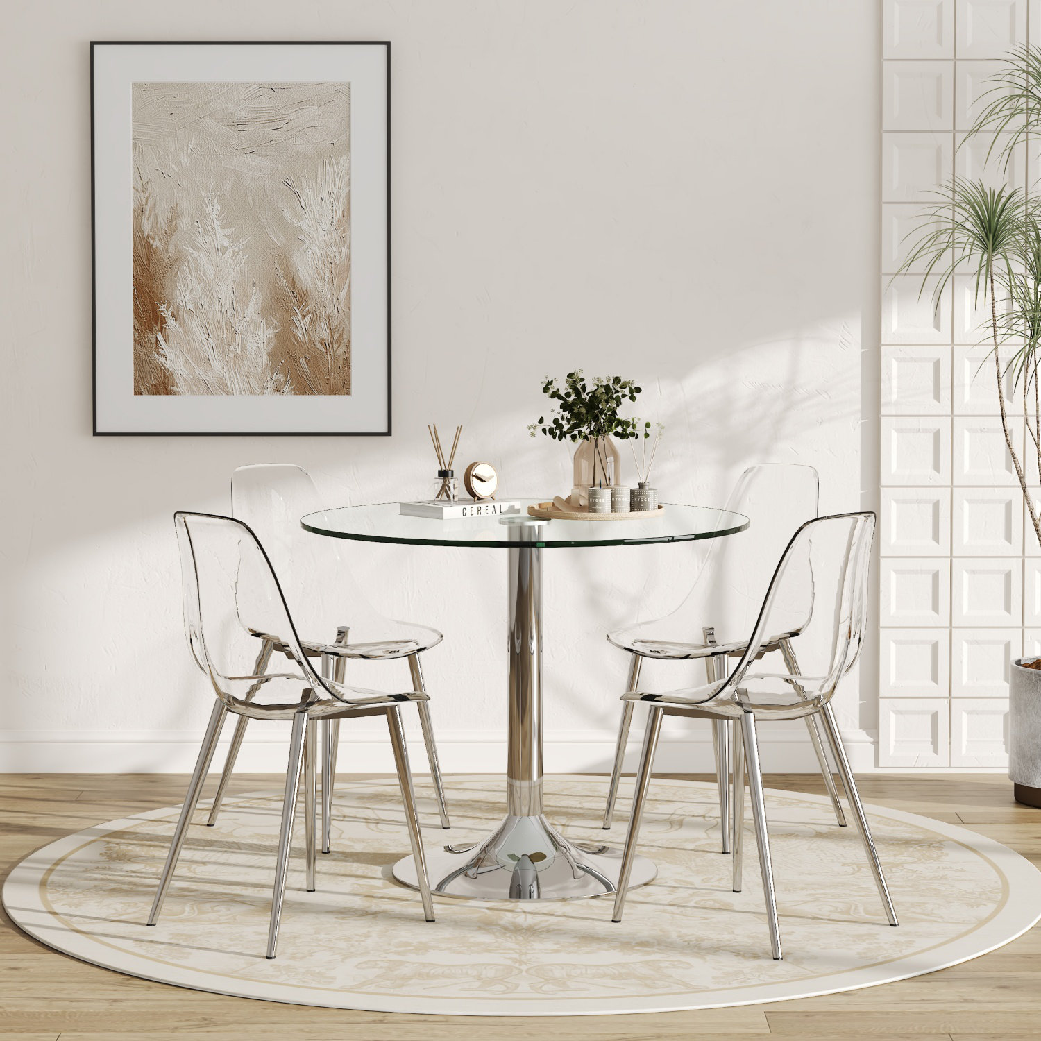 TRQ Modern Tempered Glass Round Dining Table Set With Acrylic Dining ...