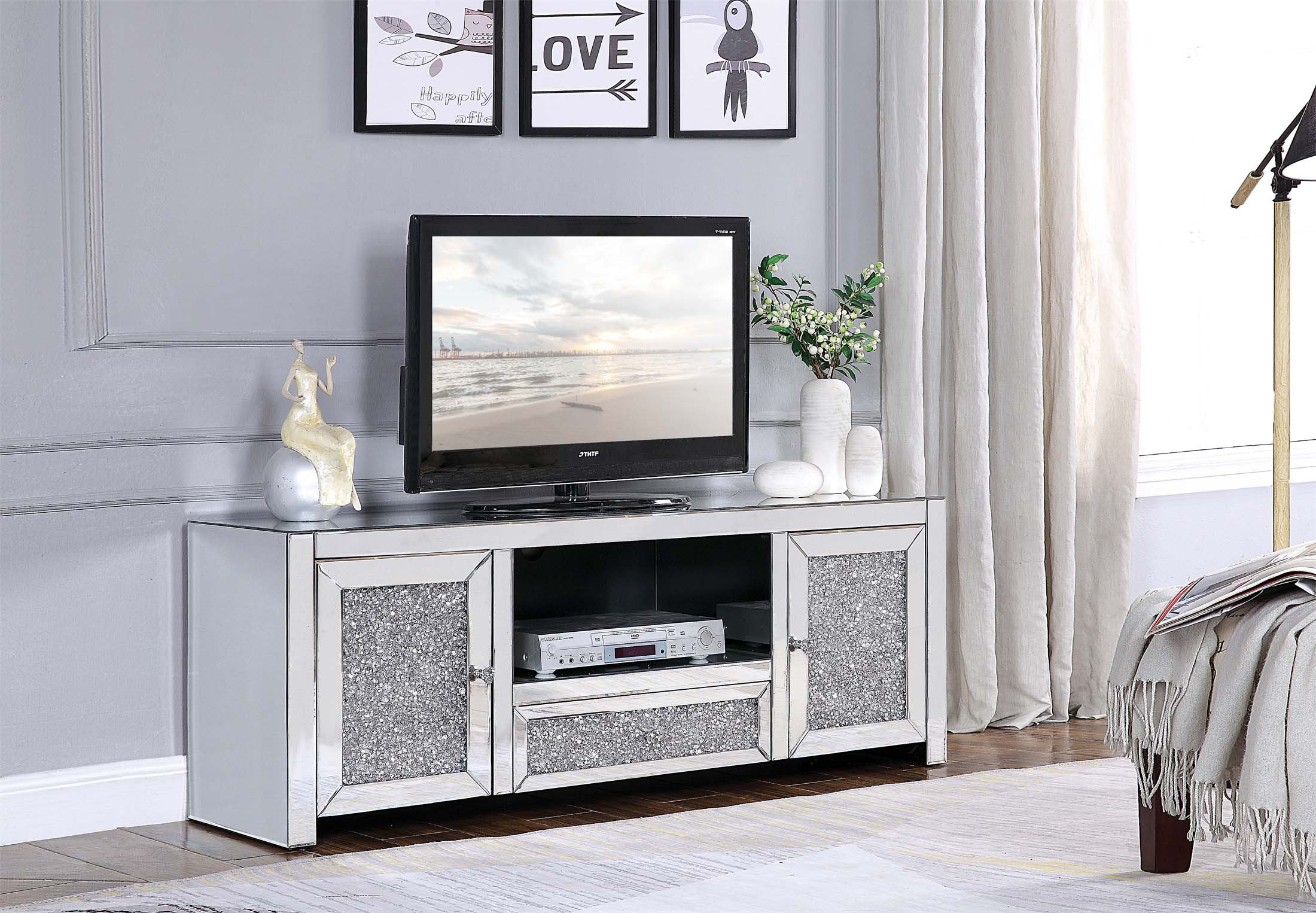 Mercer41 Noralie Mirrored & Faux Diamonds TV Stand With Open Media ...