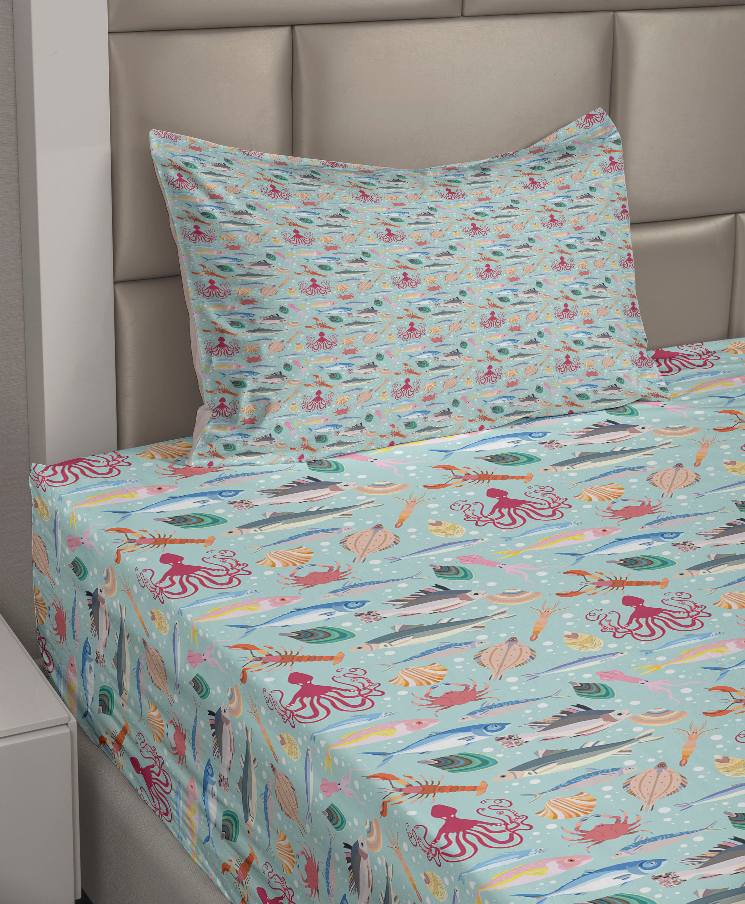 Ambesonne Nautical Sheet Set Crab Octopus Various Fish Mint Green and ...