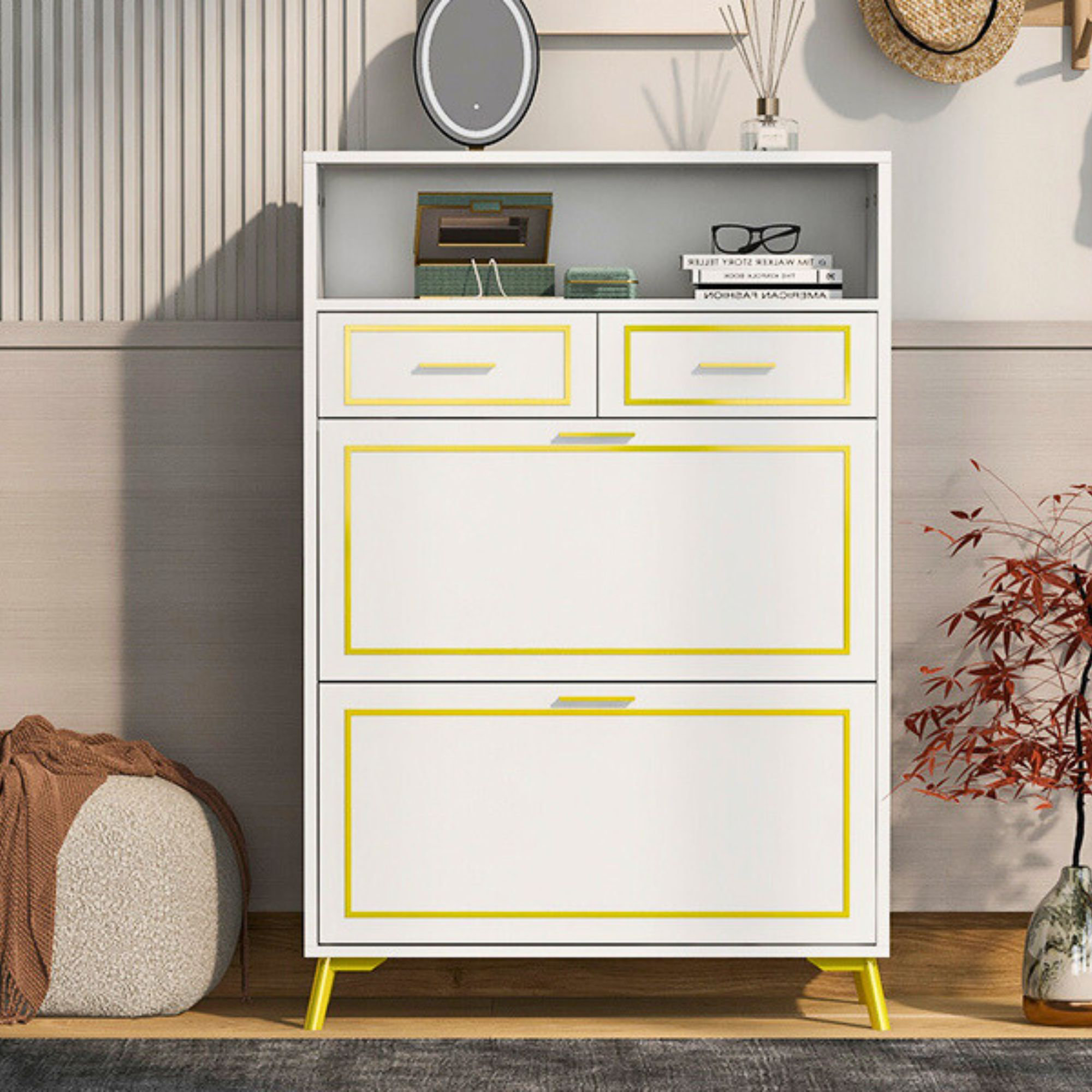 Everly Quinn 12 Pair Wood Shoe Storage Cabinet Shoe Rack with 2 Flip ...