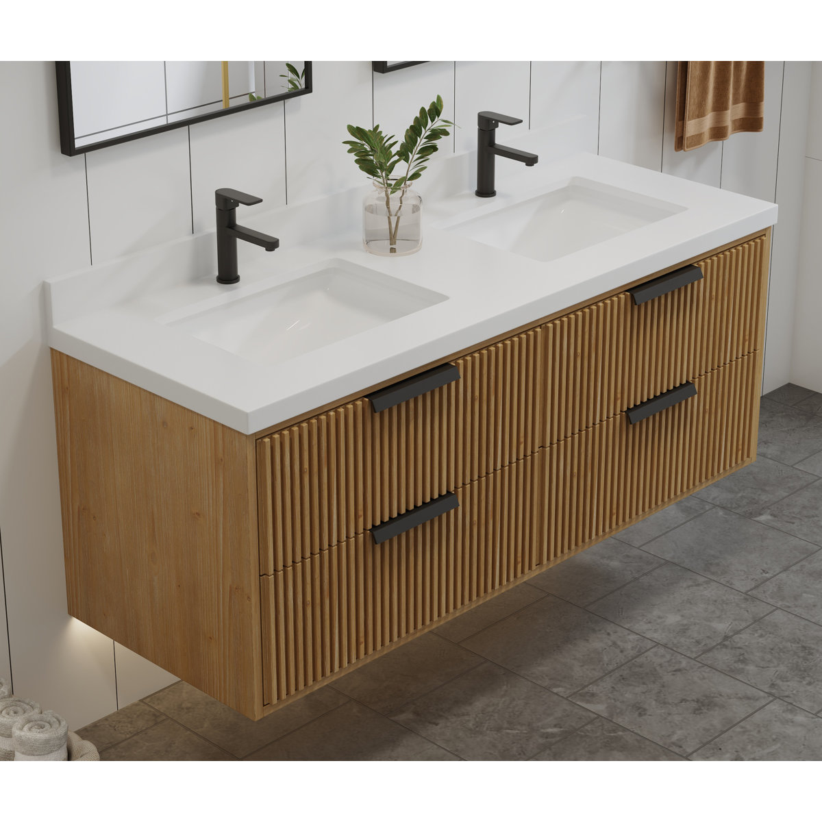 Maxbano 55" Floating Bathroom Vanity with Double White Sinks | Wayfair