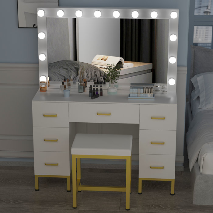 Mercer41 Lynae 44" Large Makeup Vanity with LED Bulbs and Lots of ...