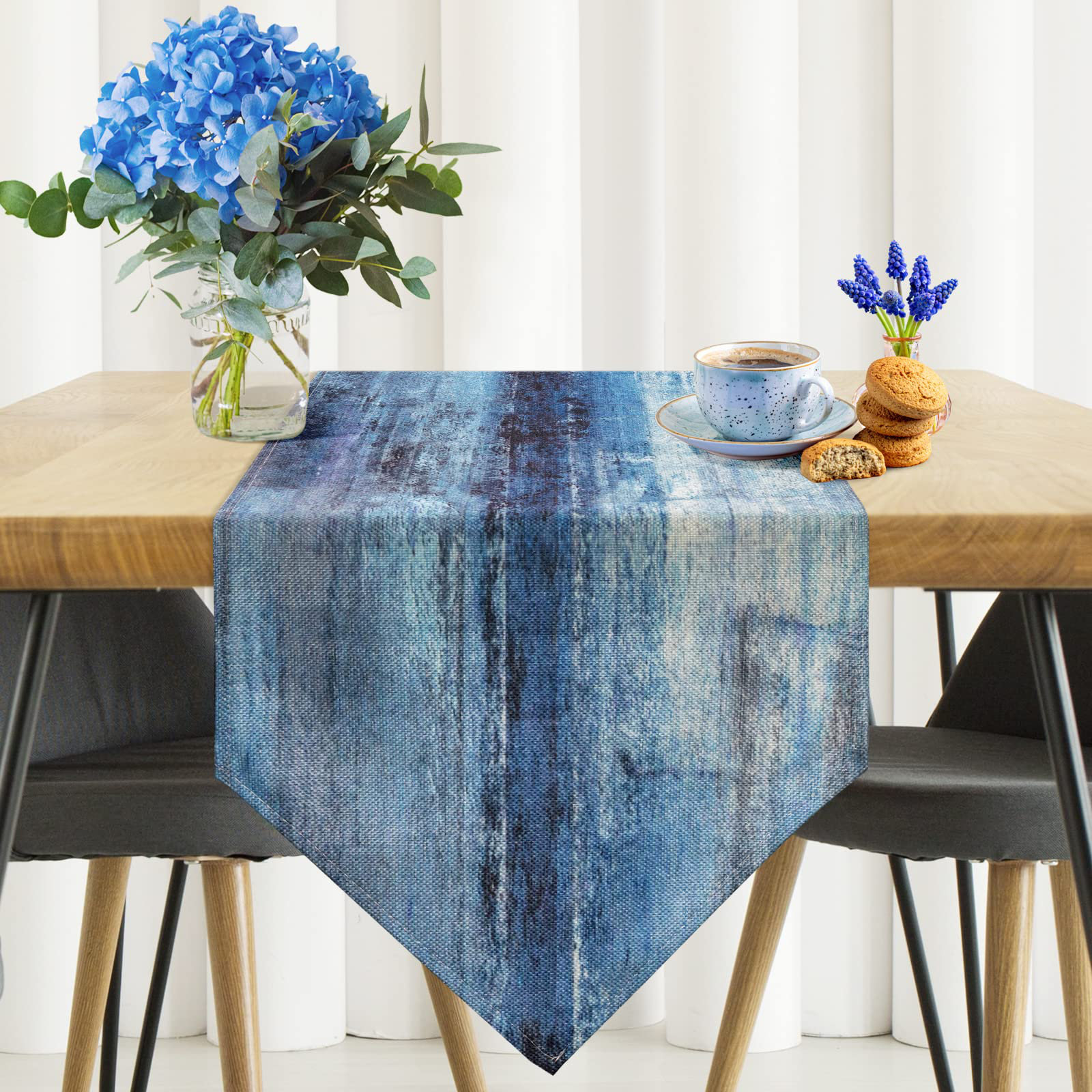 17 Stories Blue And Grey Table Runner,Abstract Modern Art Burlap Table ...