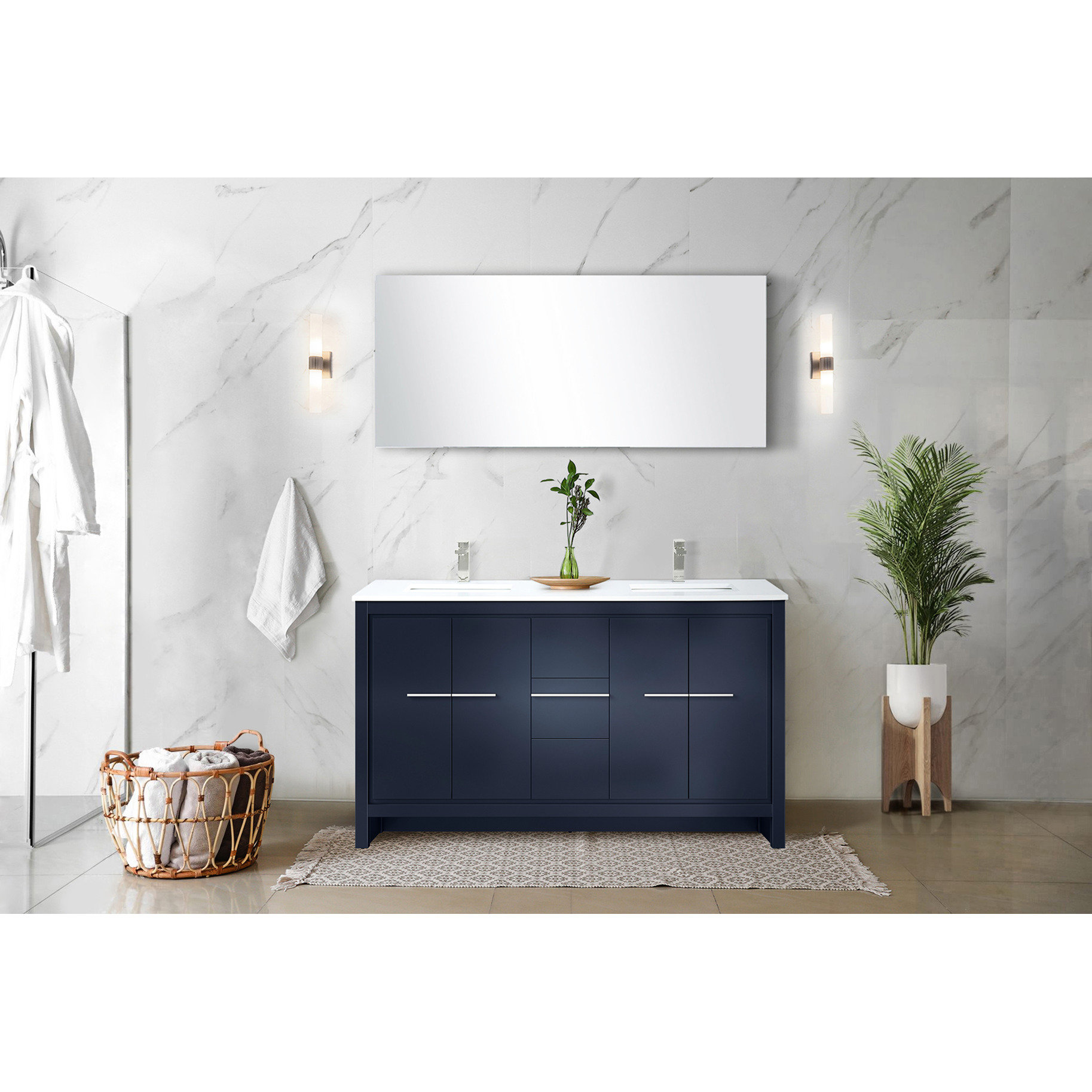 Ebern Designs Navy Blue Bathroom Vanity 60 In. W X 20 D, Marble Surface & Faucet - Soft Close ...
