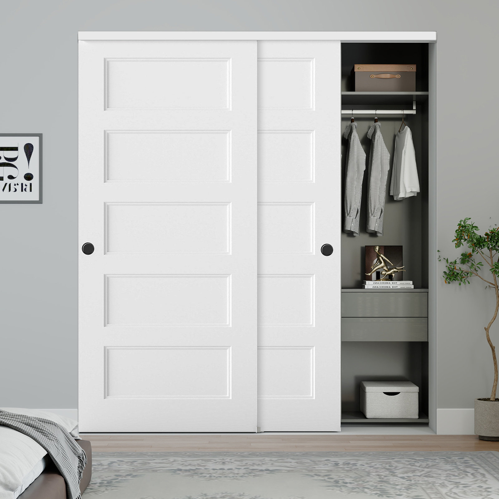 JUBEST 5-Panel White Primed Moulded Sliding Closet Doors With ...