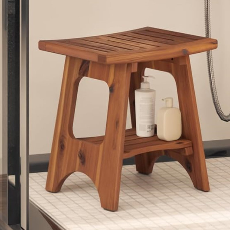 Lark Manor™ Wooden Shower Stool Benches with Towel Storage Shelf | Wayfair