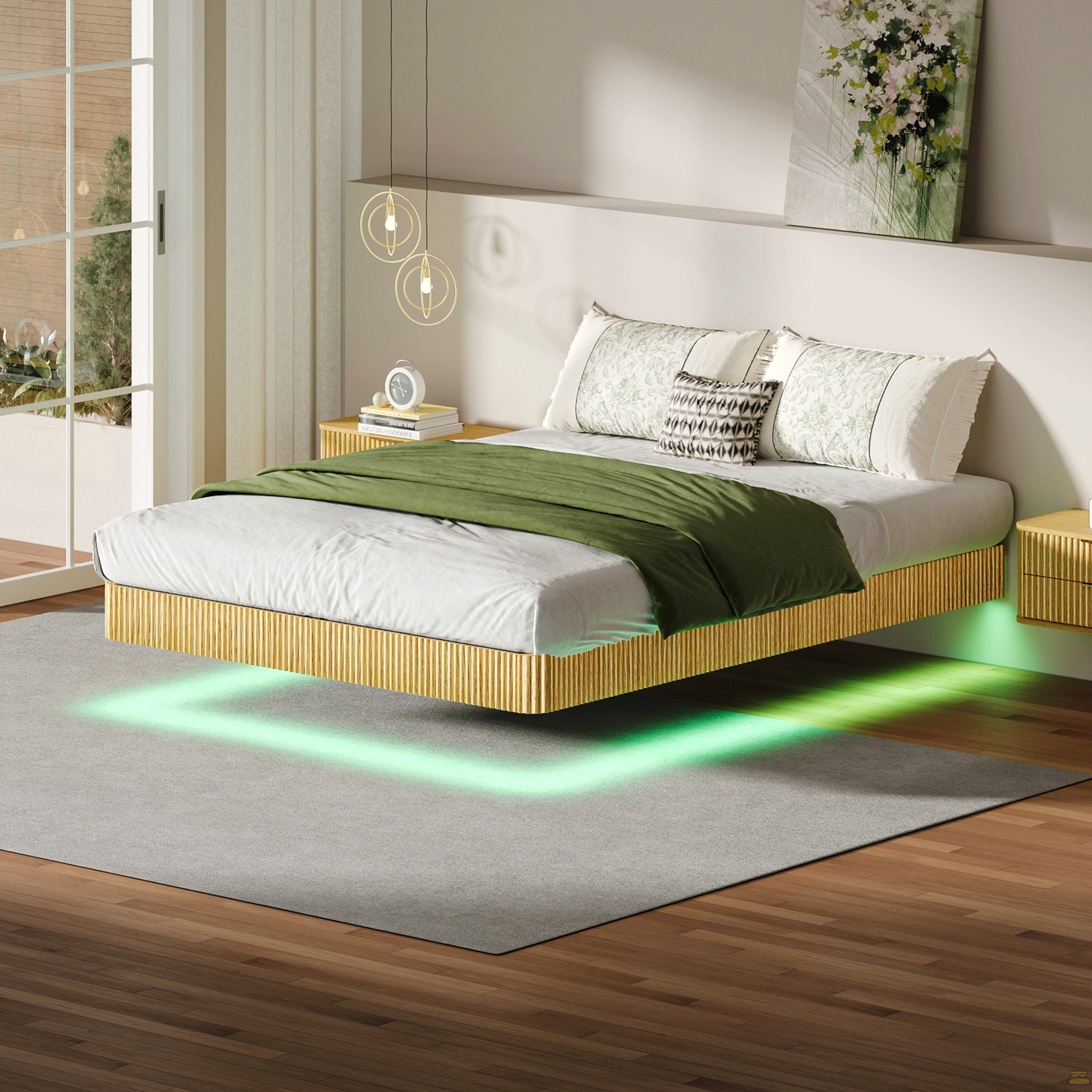 Latitude Run® Floating Bed Frame With LED Lights, Wave Curve Wood ...