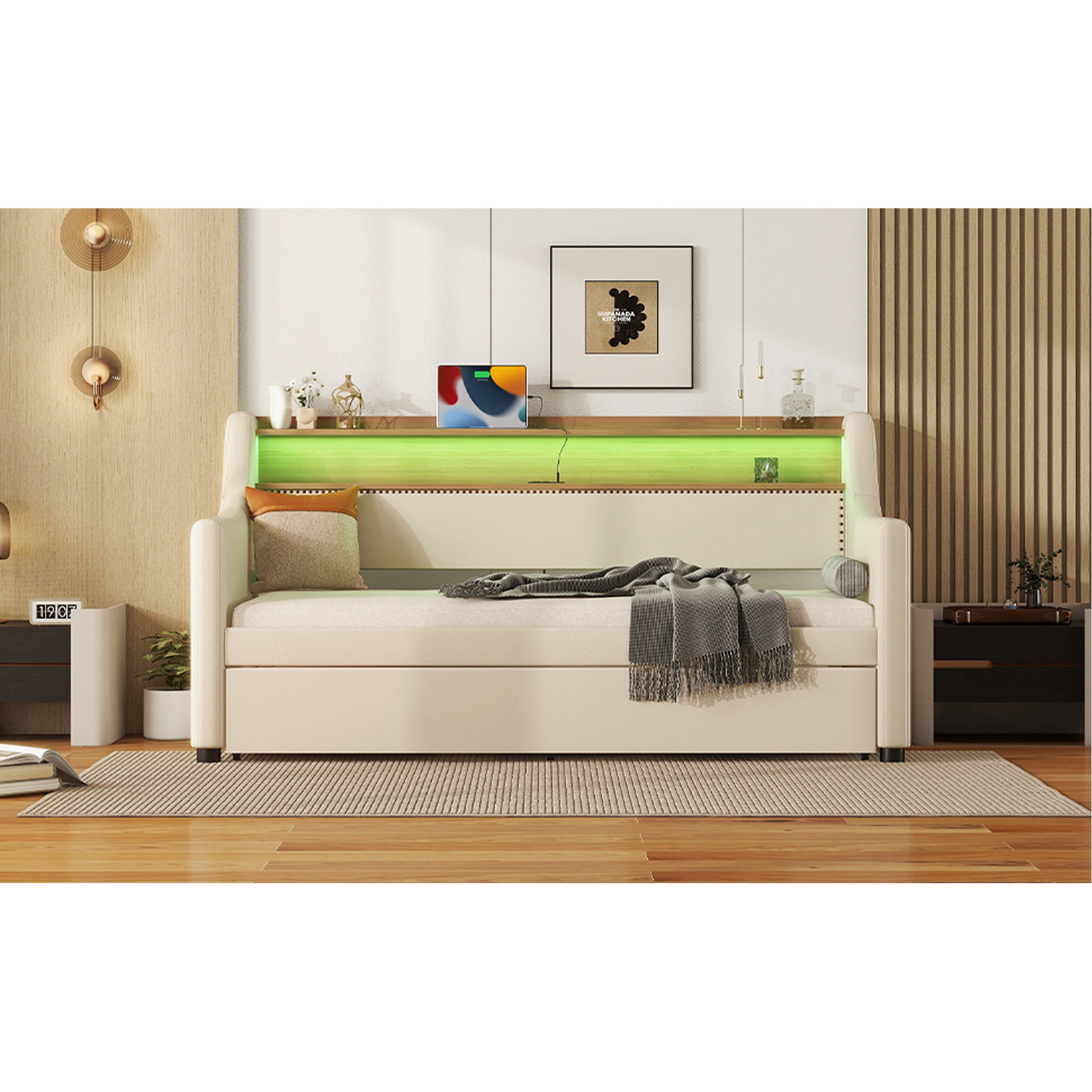 Latitude Run® Daybed With Trundle, Upholstered Daybed With Charging ...