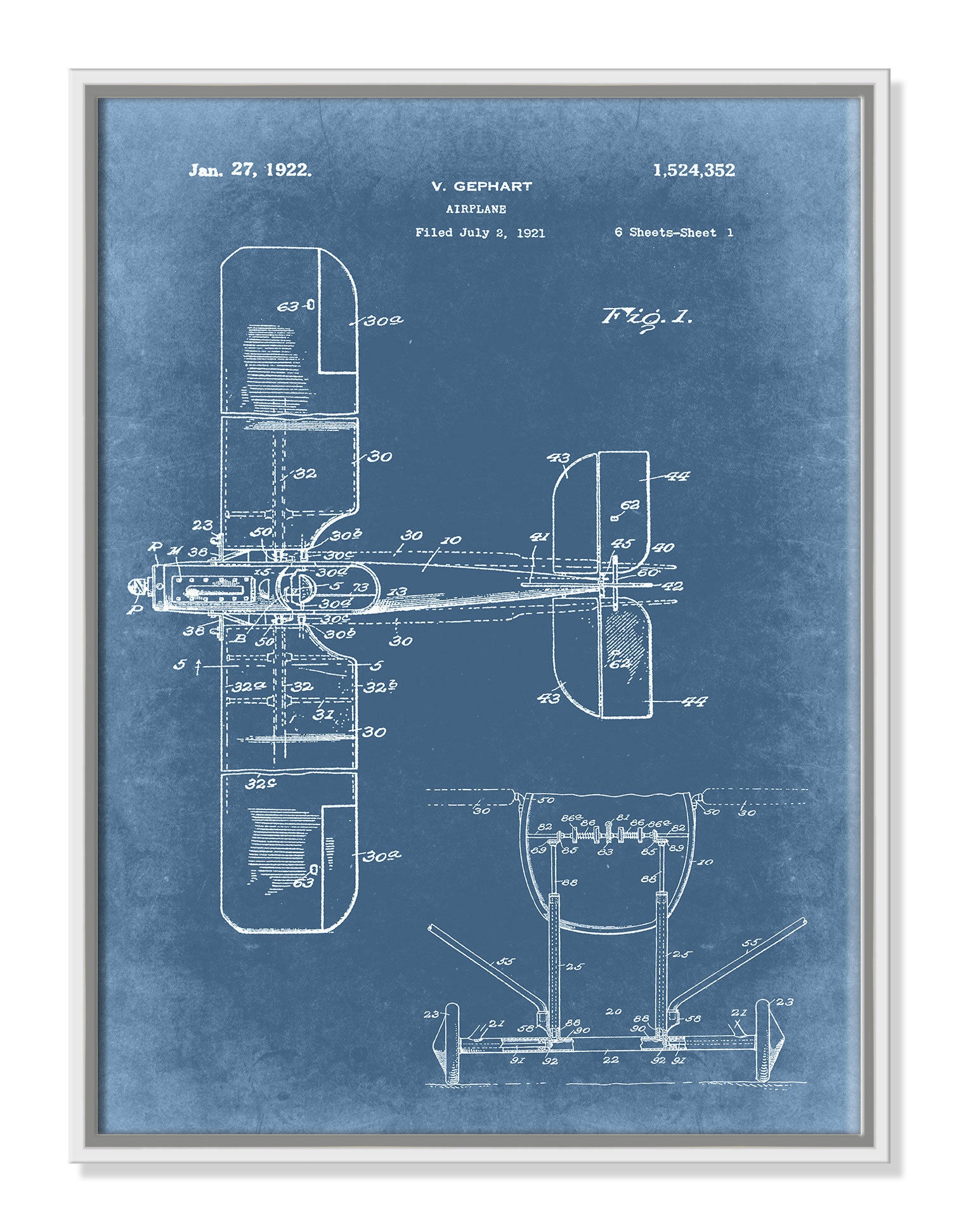 Casa Fine Arts Plane 1 Blueprint - Blue - Floater Frame Graphic Art ...