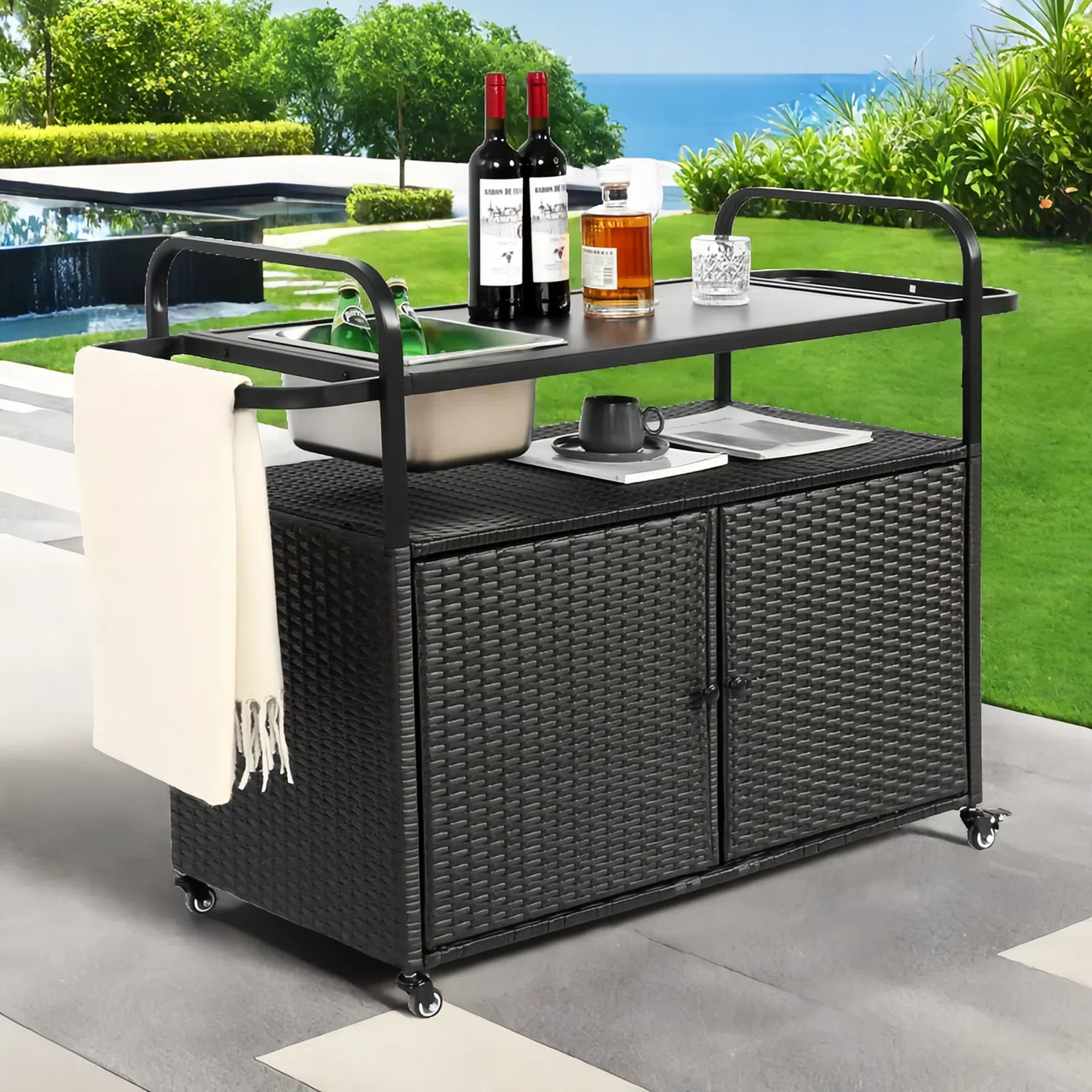 Latitude Run® Outdoor Wicker Bar Cart With Ice Bucket And Lockable ...