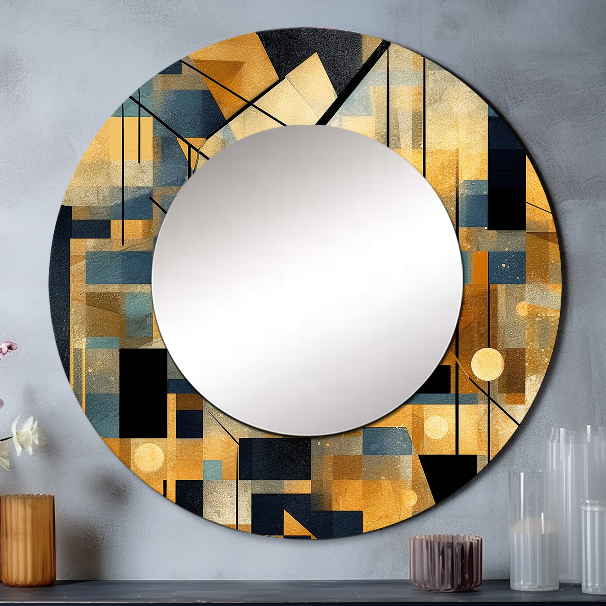 Design Art Gold Cubist Visions II - Cubism Gold Large Round Mirror ...