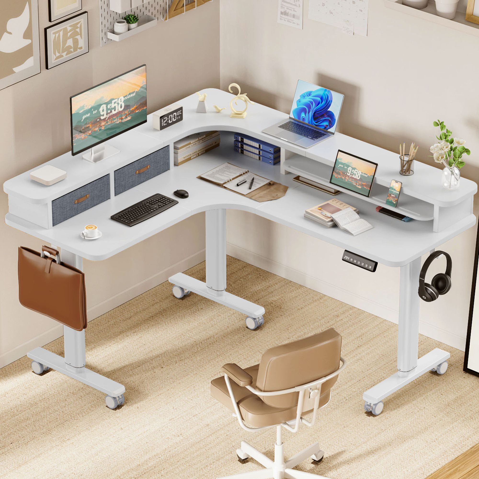Inbox Zero 63" X 55" Corner Standing Desk Adjustable Height Electric L ...