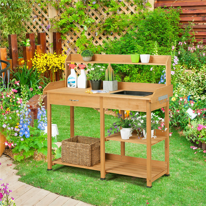 Loon Peak® Burroughs Fir Wood Outdoor Potting Bench with Sink Drawer ...