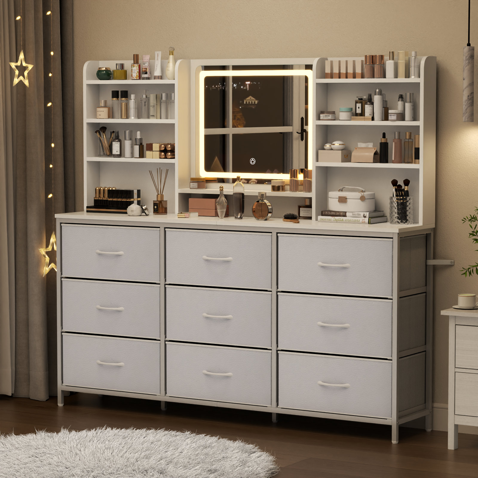 Wrought Studio™ 9 Drawer Dresser For Bedroom With Lighted Mirror And 8 ...