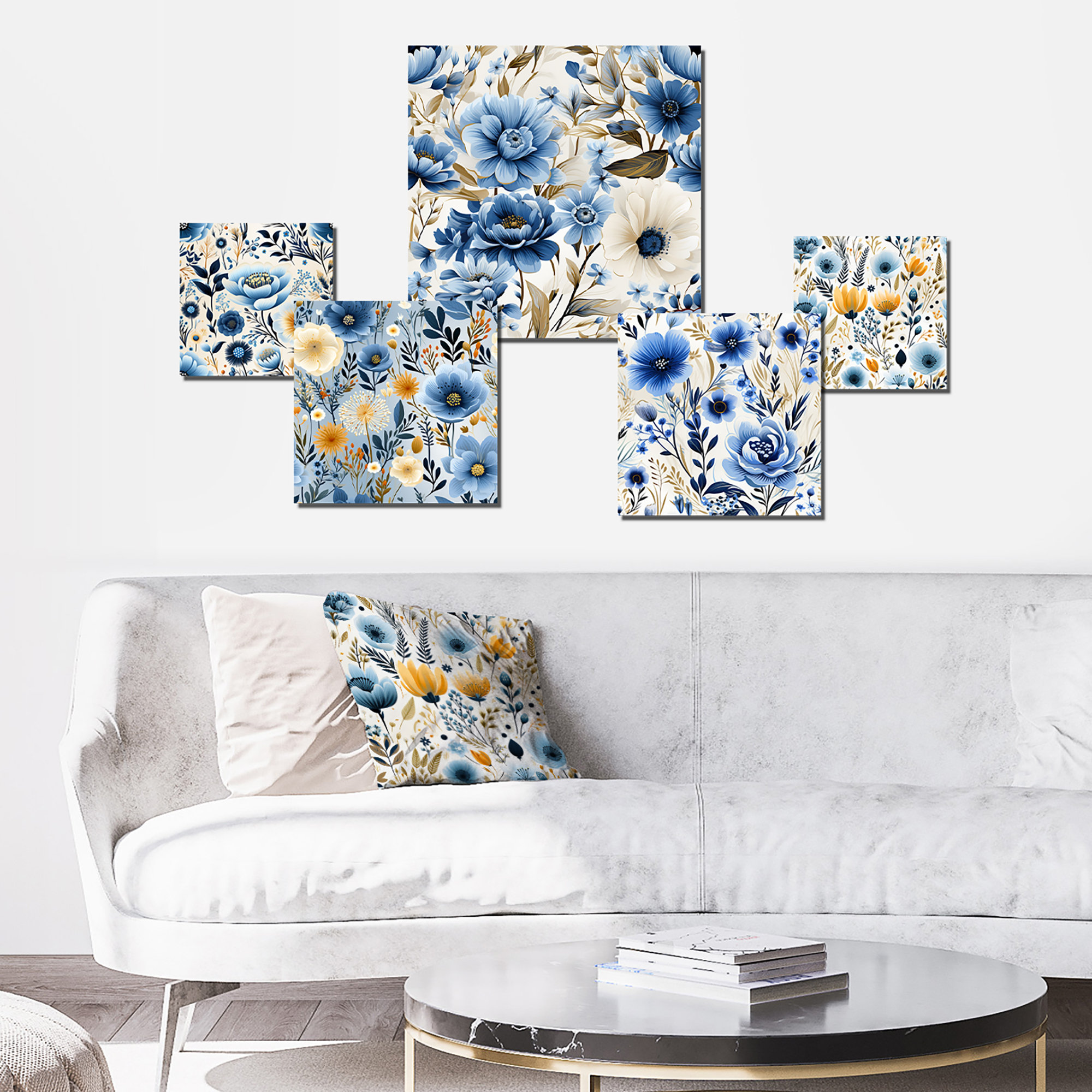 Design Art Blue Boho Chic Floral Pattern - Floral Wall Art Set Of 5 ...