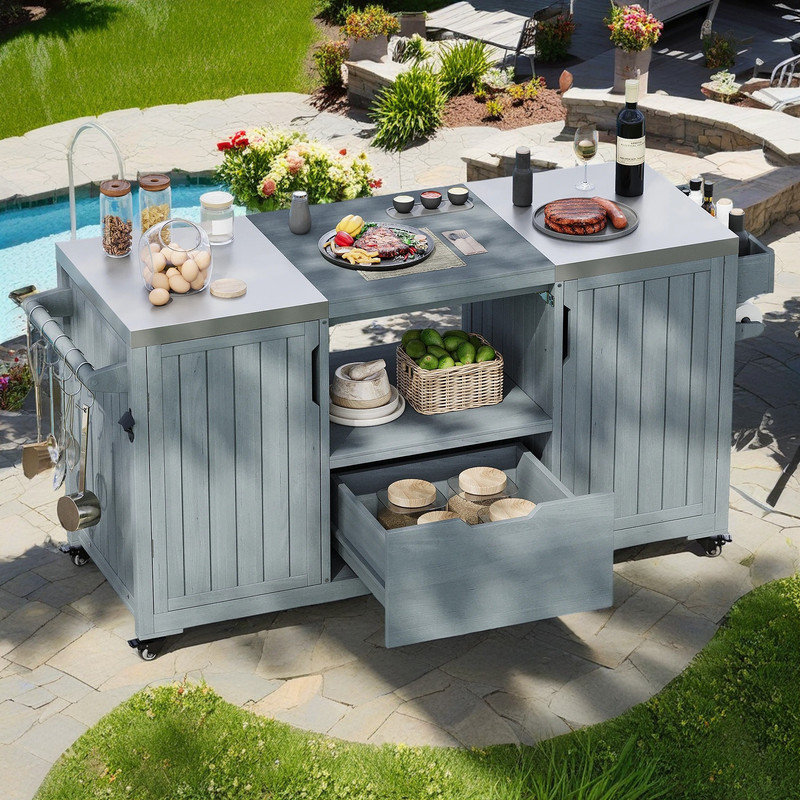 VIRUBI Outdoor Kitchen Island,Solid Wood Grill Cart with Stainless ...
