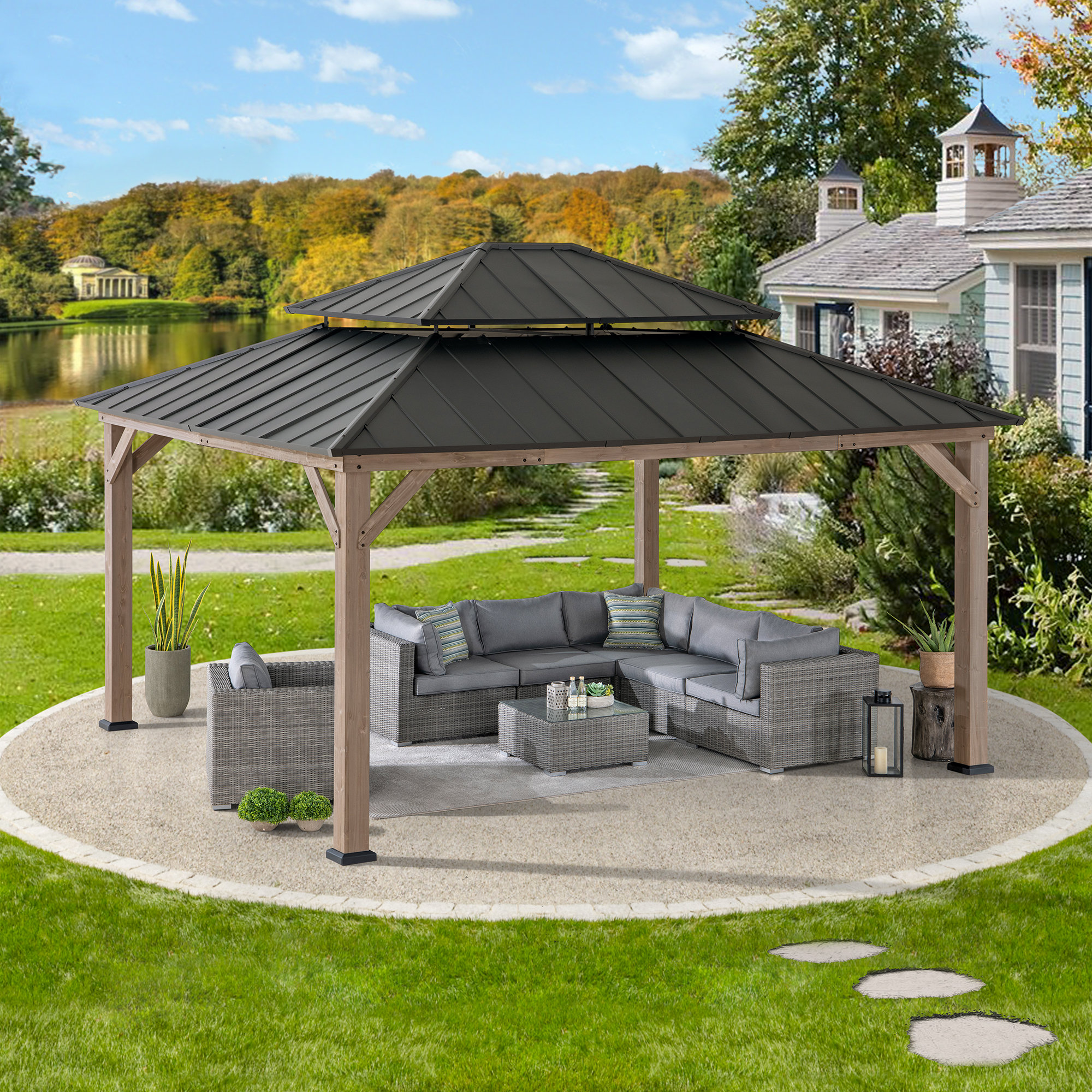 Sunjoy 13 x 15 ft. Wood Gazebo, Outdoor Patio Steel Hardtop Gazebo ...