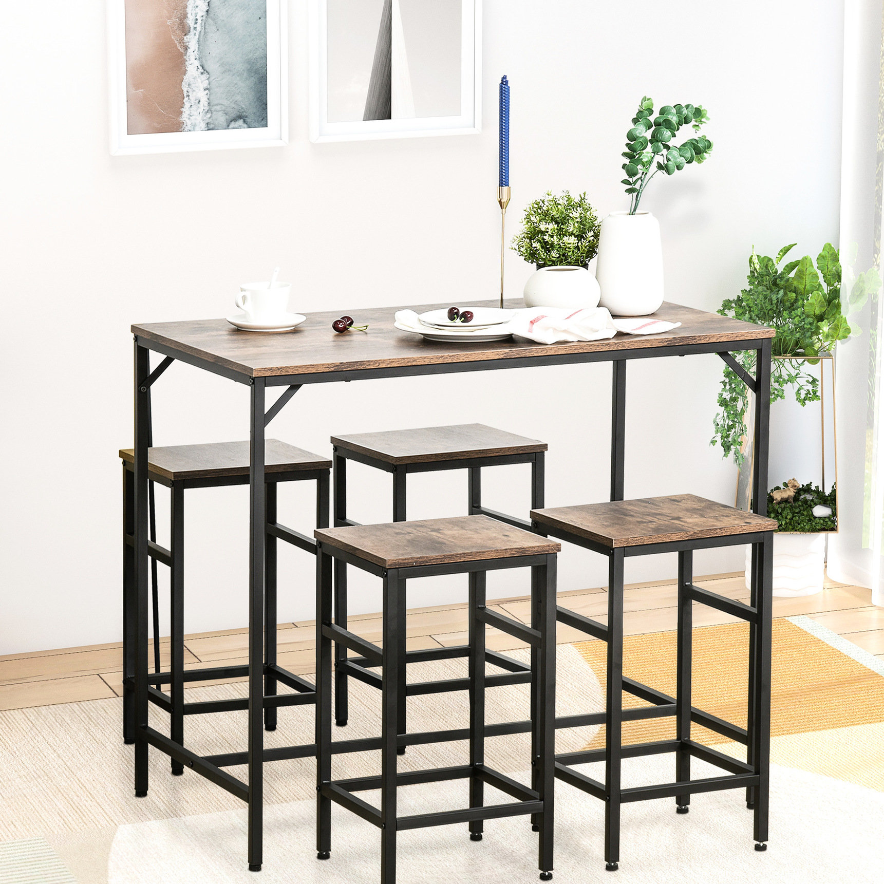 17 Stories 5 Space Saving Industrial Table , Rustic Brown For Pub And ...