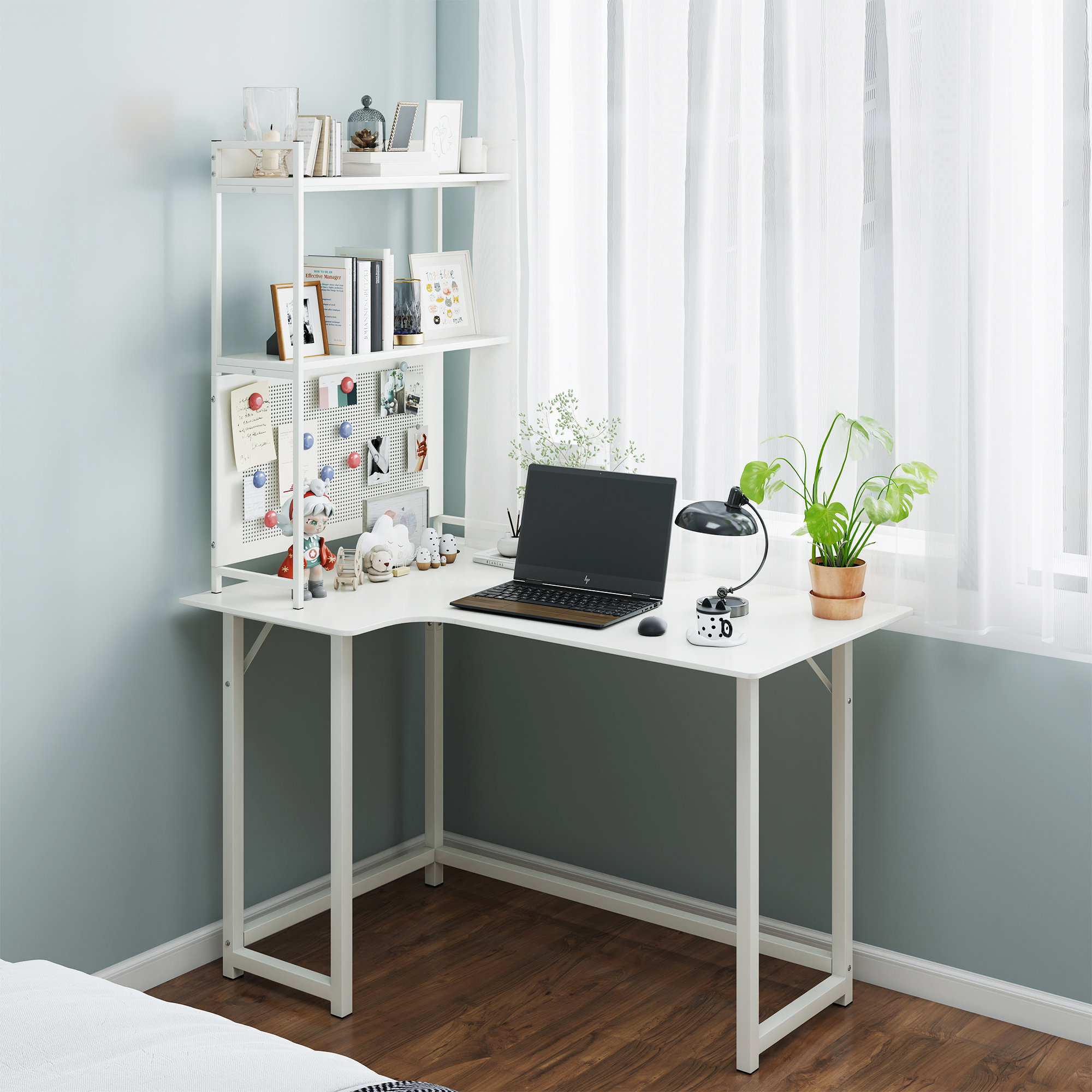 Ebern Designs 47'' W L-Shaped Desk With Hutch And Open Storage Shelves ...