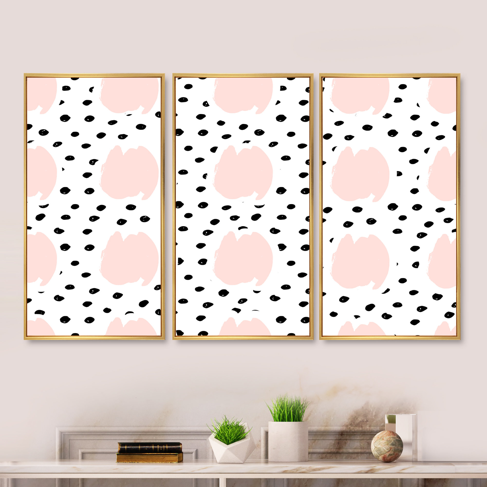 Ebern Designs Midcentury Pink Shapes with Black Polka Dots II - 3 Piece ...