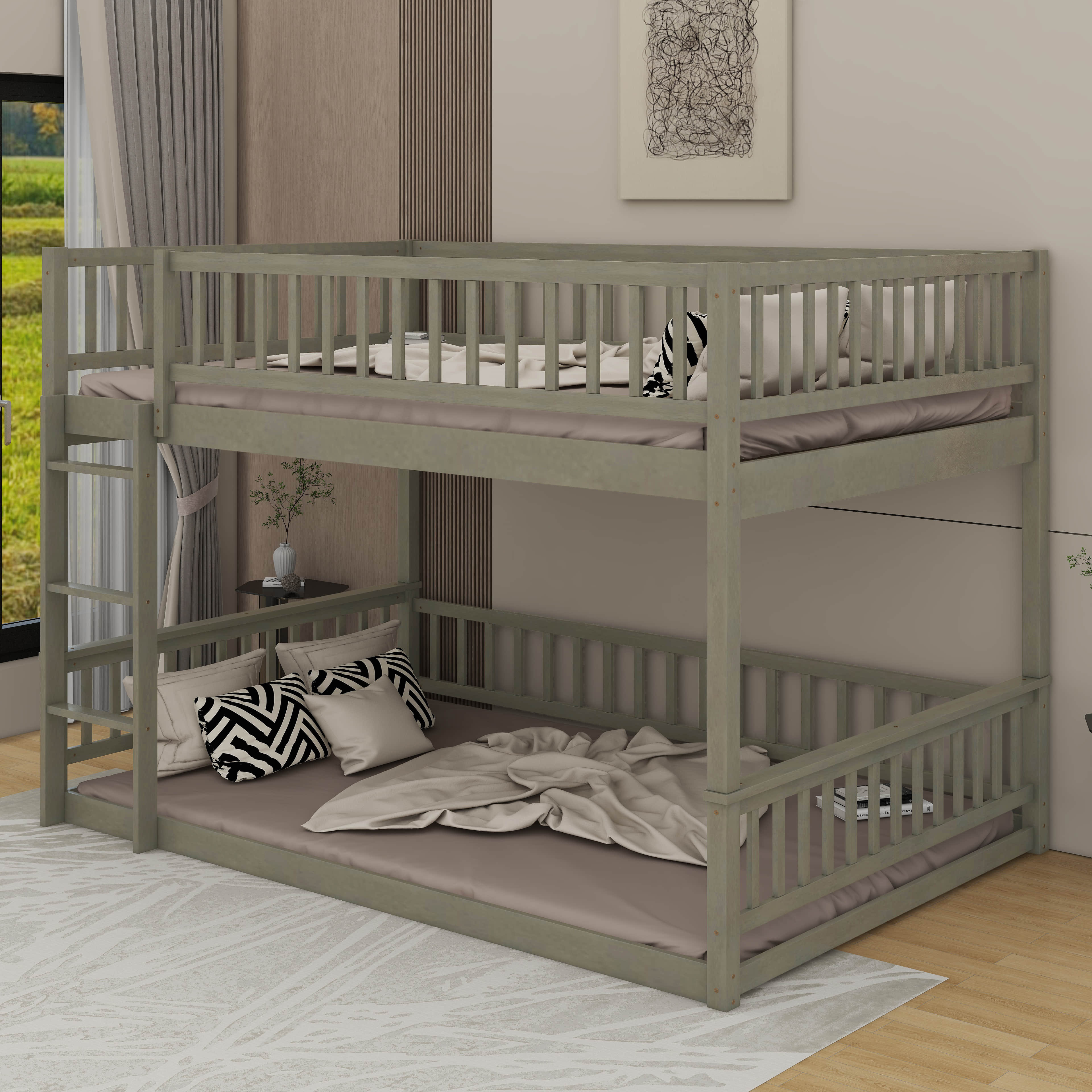 Latitude Run® Queen Over Queen Bunk Bed With Ladder And Guardrails ...