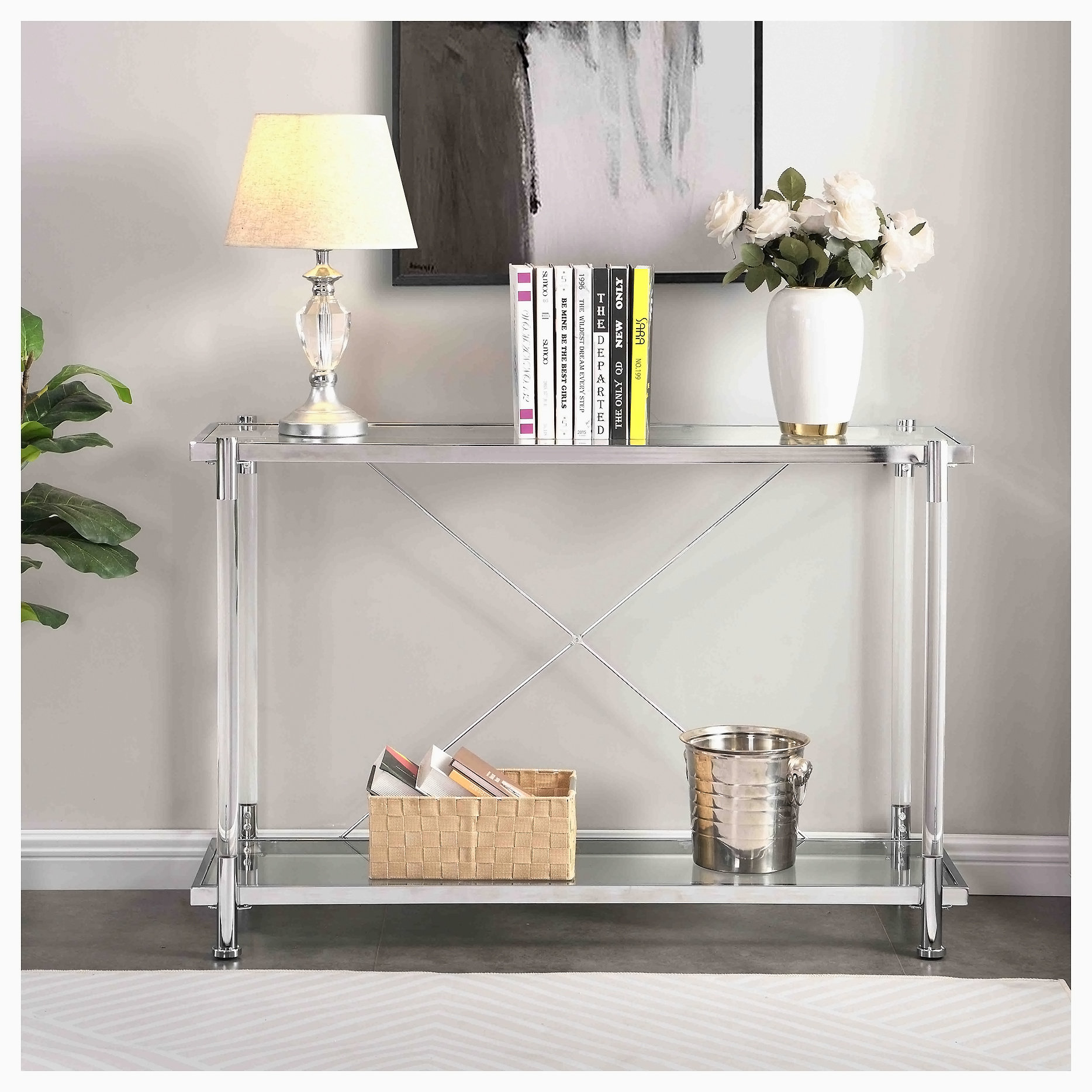 Ivy Bronx Chrome Glass Sofa Table, Acrylic Side Table, Console Table ...